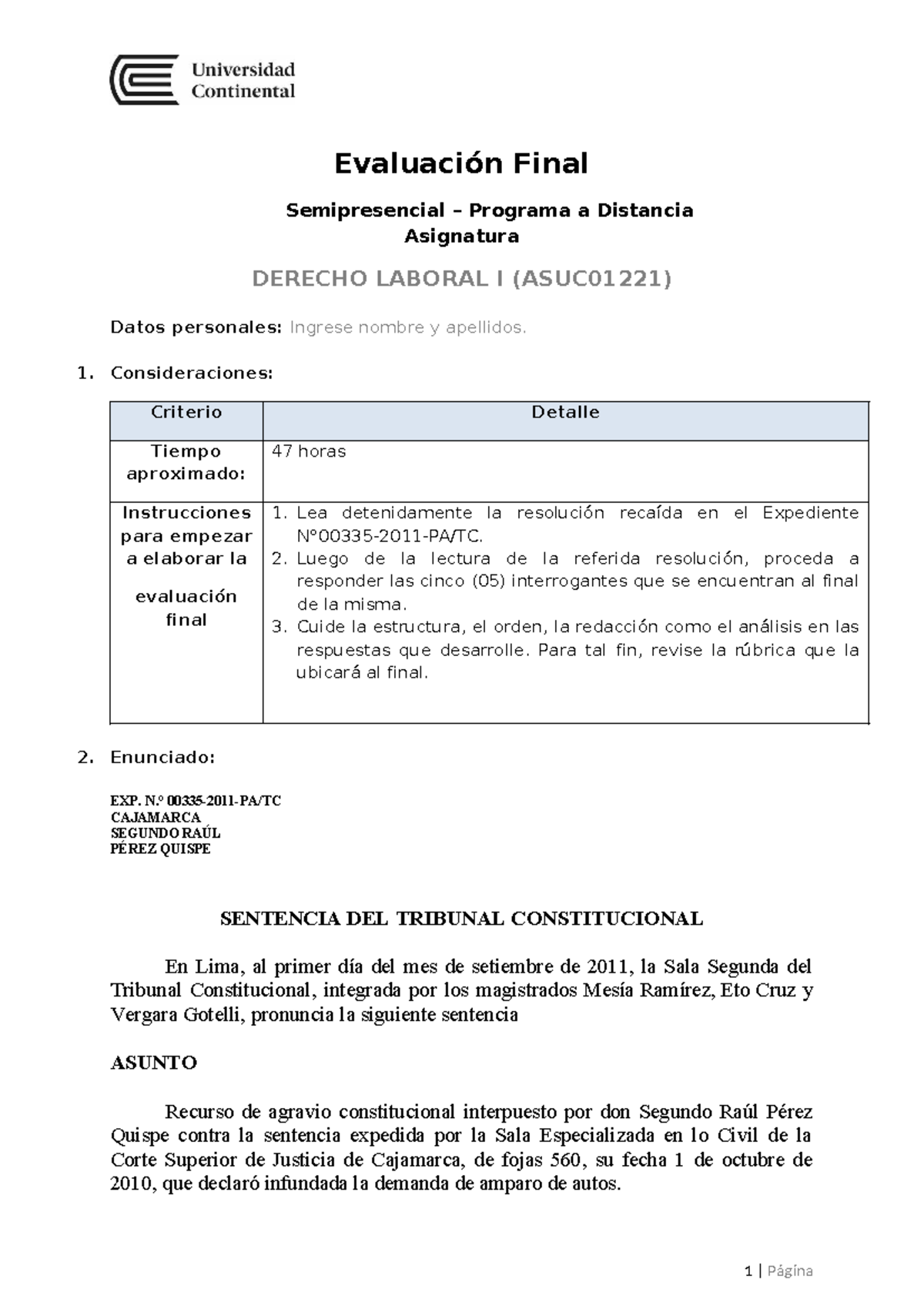 Examen Final Derecho Laboral I 27759 - Evaluación Final Semipresencial – Programa a Distancia ...