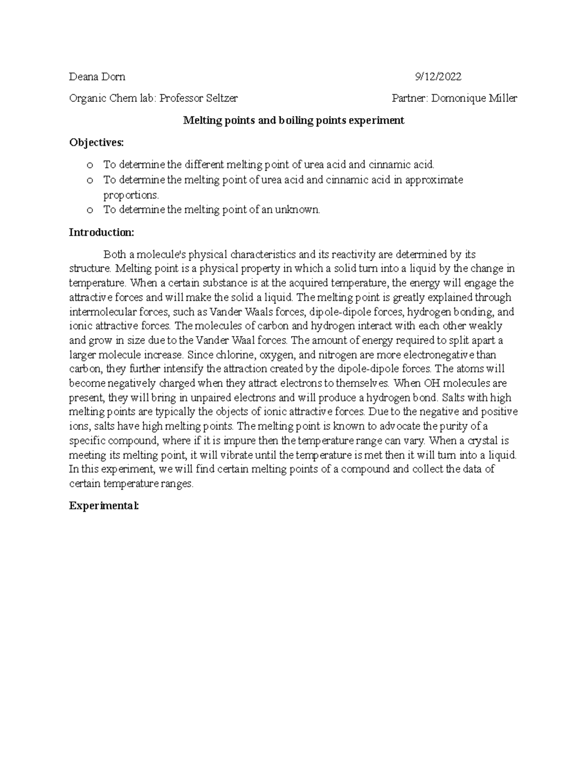 Melting points and boiling points lab report - Deana Dorn 9/12/ Organic ...