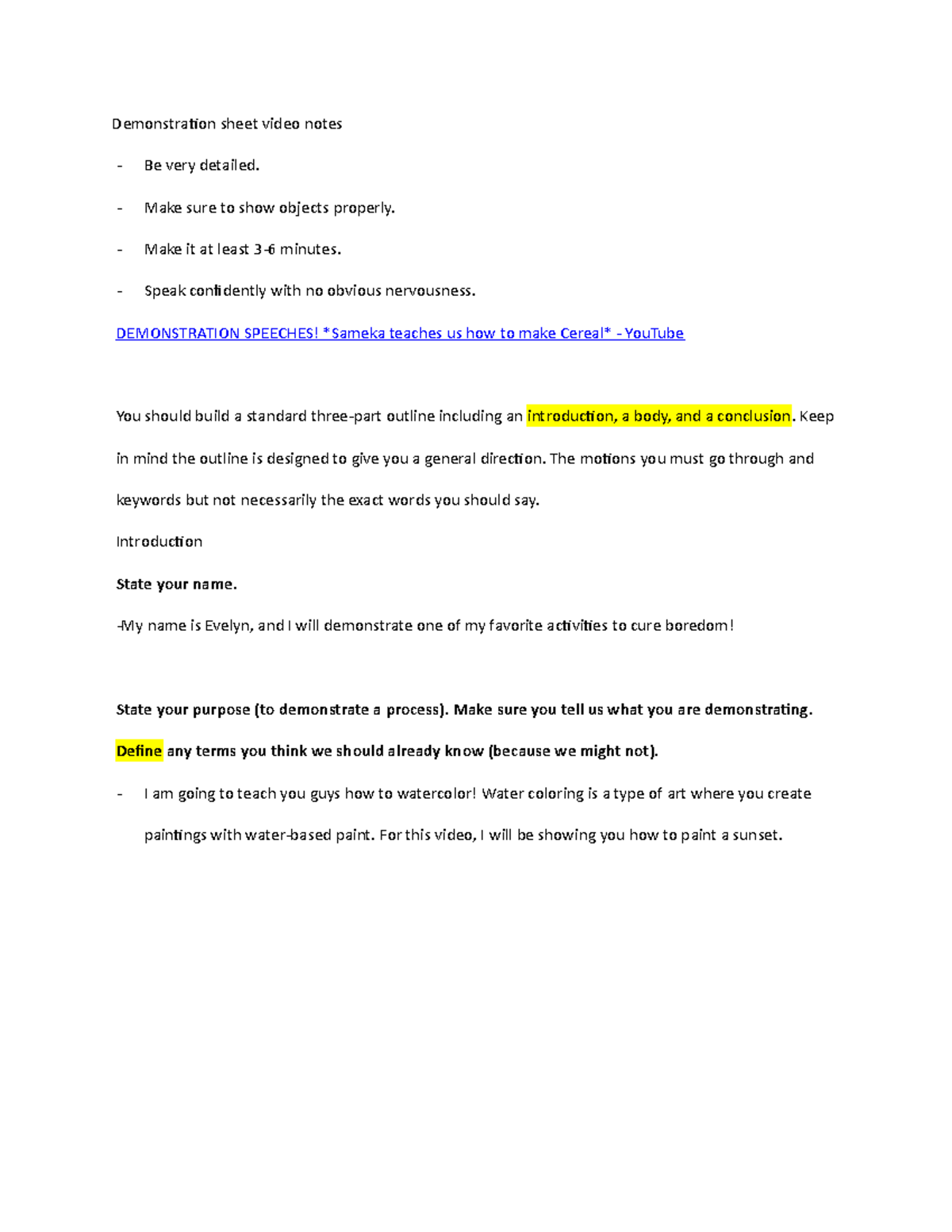 Demonstration sheet video notes - Make sure to show objects properly ...