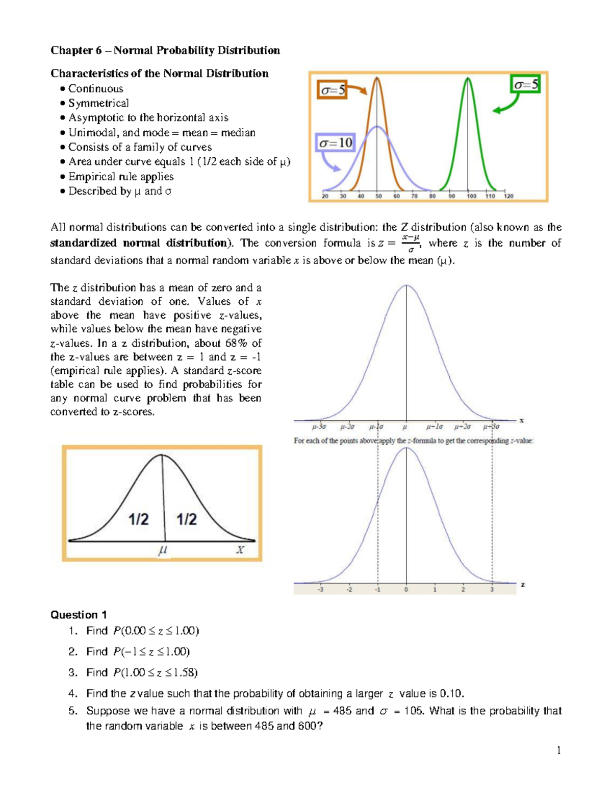 CH6 Handout - Chapter 6 – Normal Probability Distribution Characteristics of the Normal ...