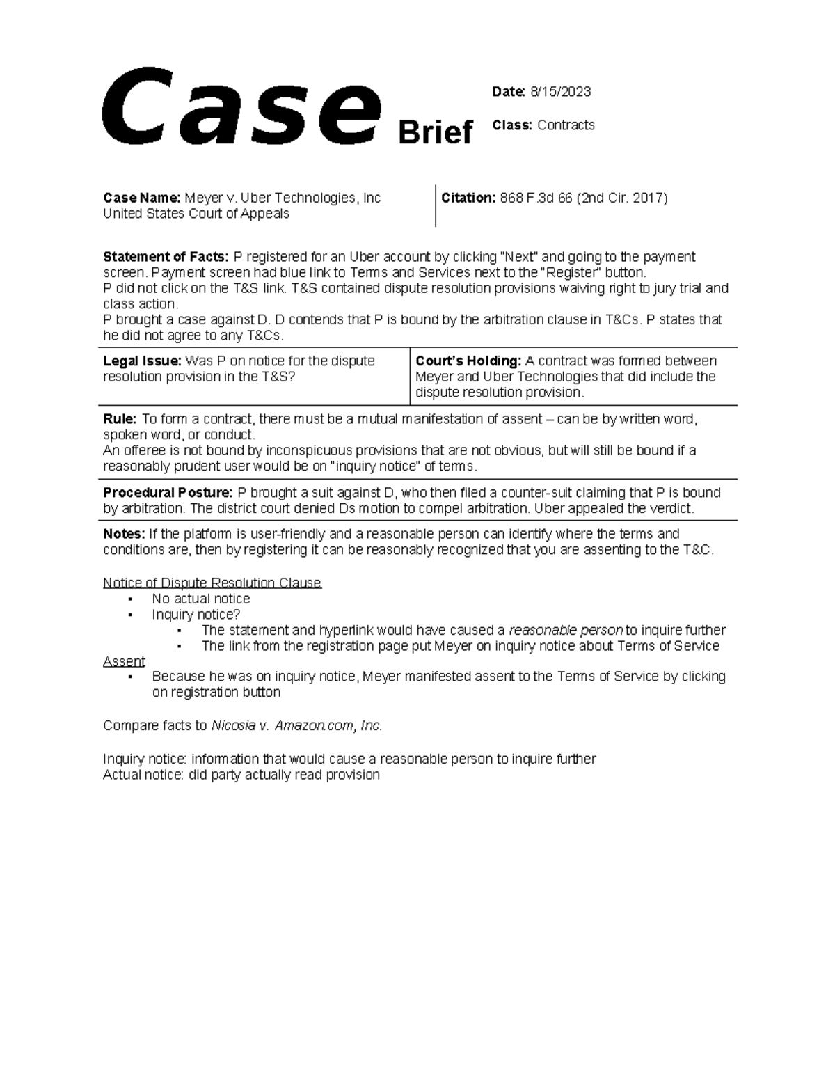 Intro - Meyer v. Uber Tech - Case Brief Date: 8/15/ Class: Contracts ...