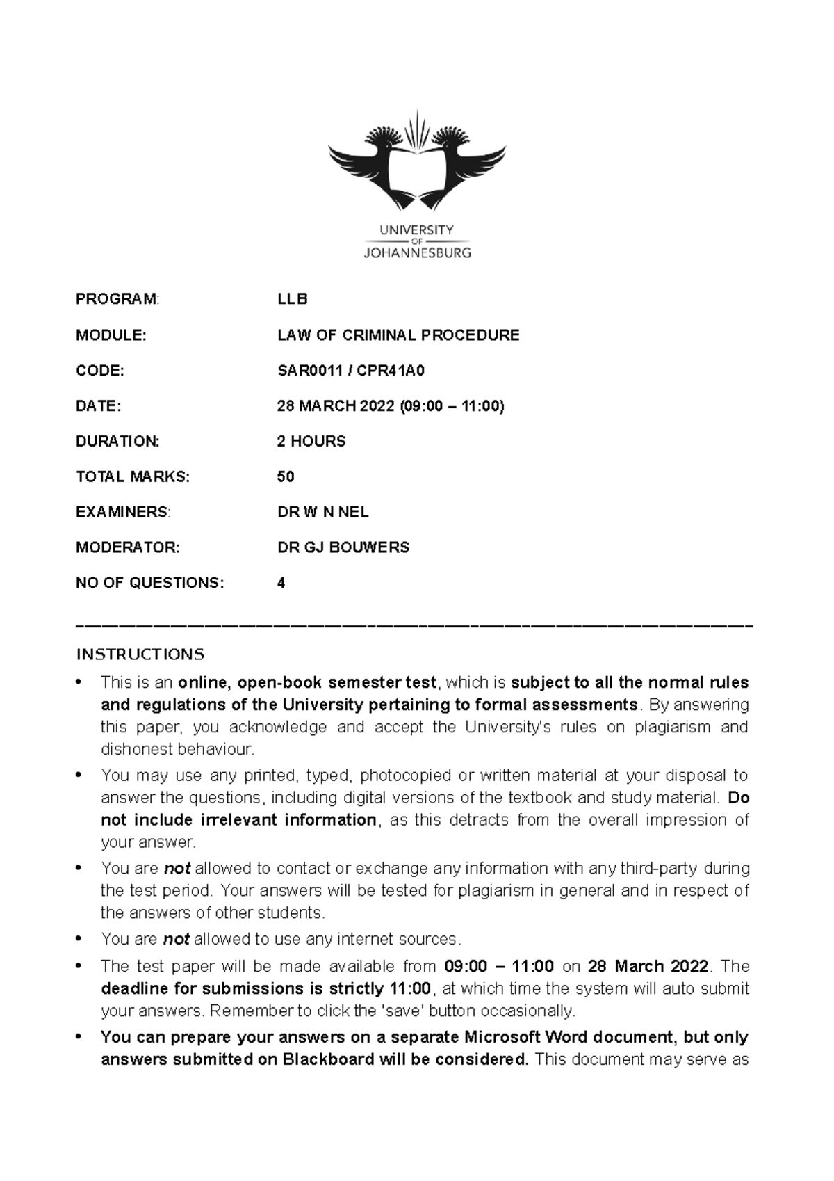 Semester Test 1 28 March 2022 PROGRAM LLB MODULE LAW OF CRIMINAL