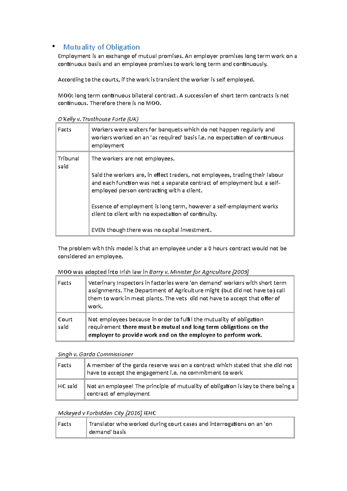 MOO - Lecture notes - Mutuality of Obligation Employment is an exchange ...