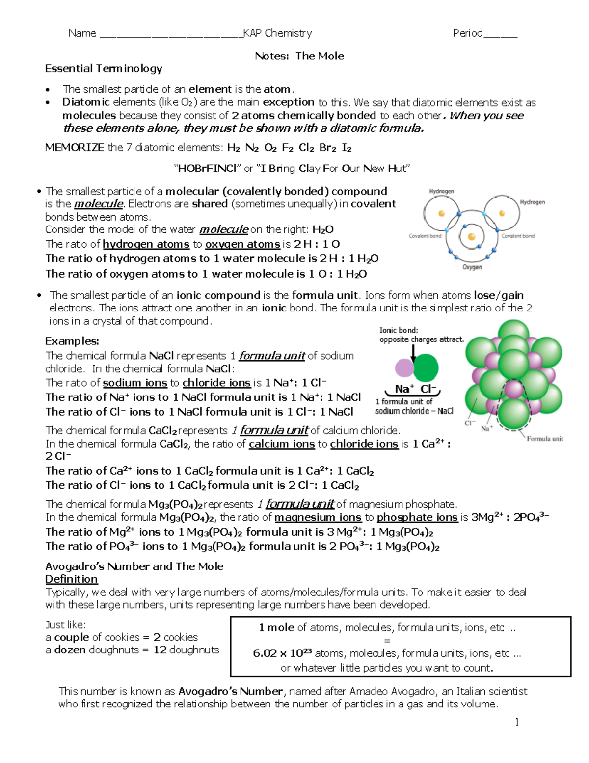Moles Notes KAP 24-25-1 - Name ___________________KAP Chemistry Period ...