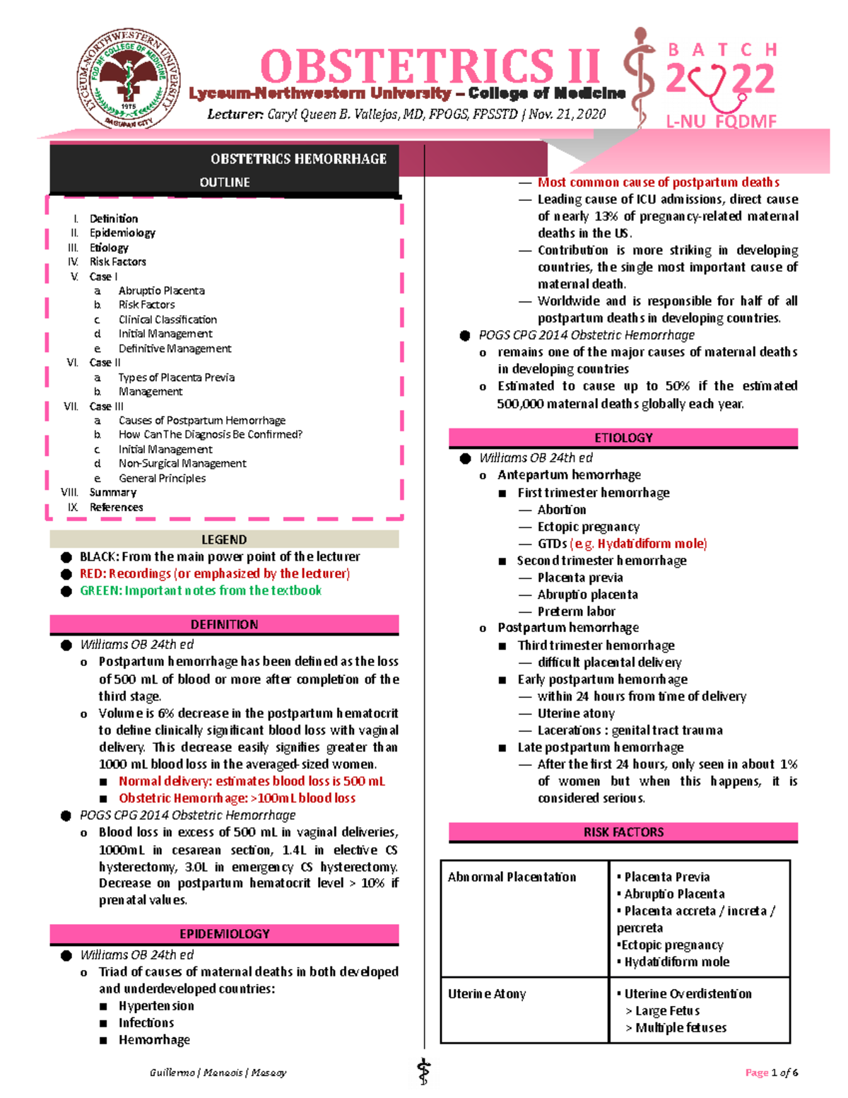 [OB II] Obstetrics Hemorrhage - OUTLINE I. Definition II. Epidemiology ...