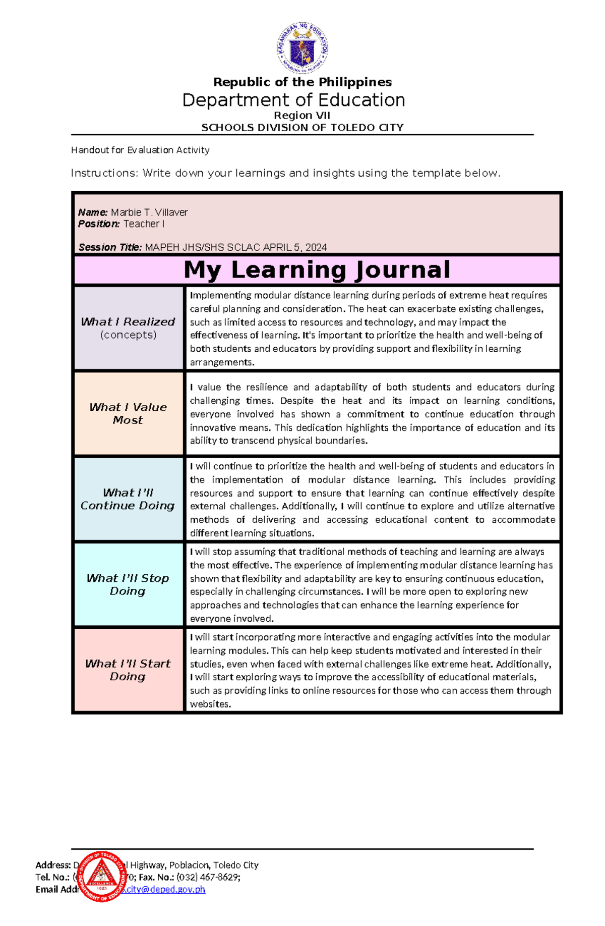 Learning- Journal - April 5, 2024 - Republic of the Philippines ...