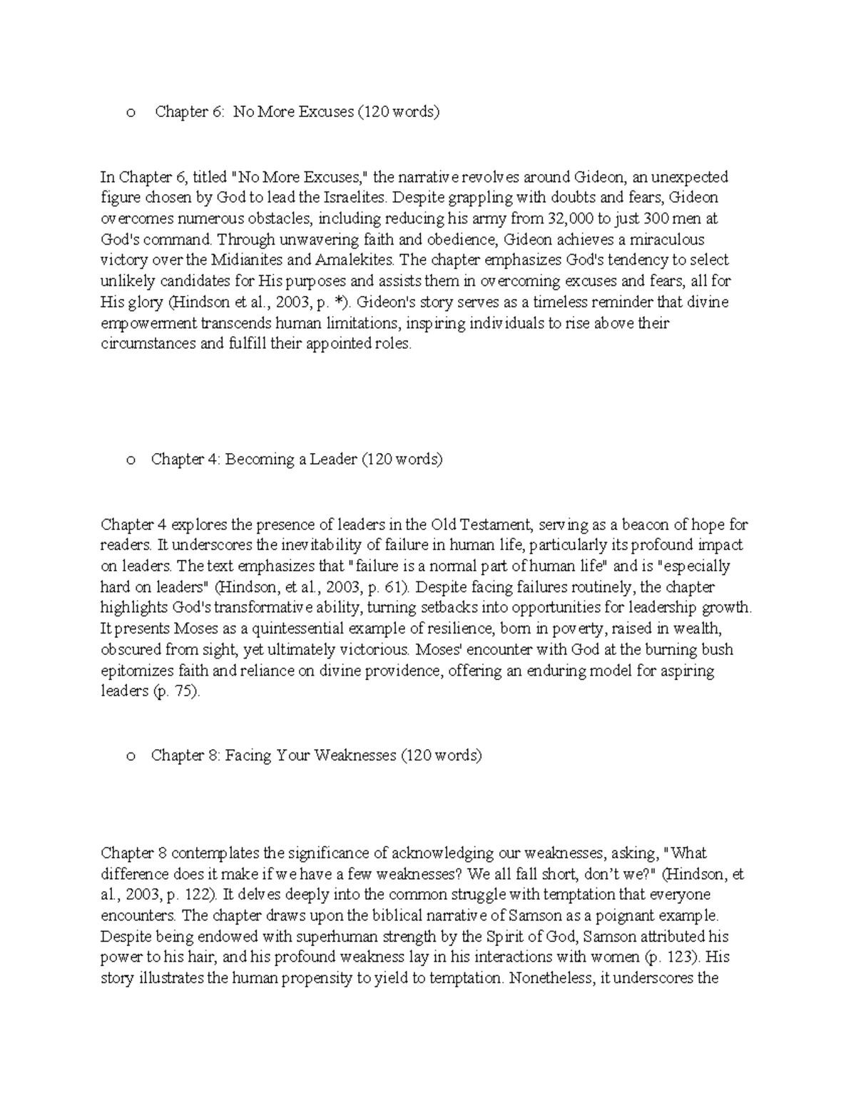 Chapter 2 Overcoming Obstacles - o Chapter 6: No More Excuses (120 words) In Chapter 6, titled ...