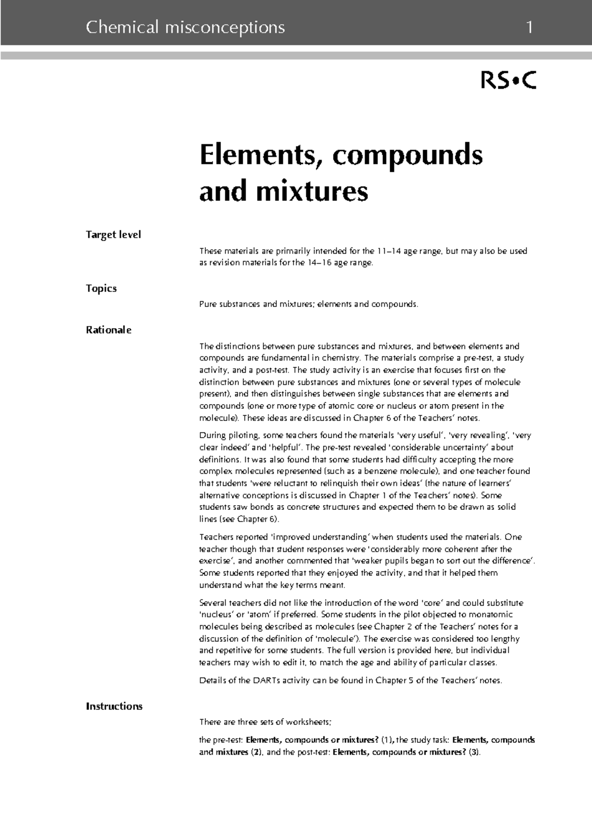 Elements worksheet - Chemical misconceptions 1 Elements, compounds and mixtures Target level ...