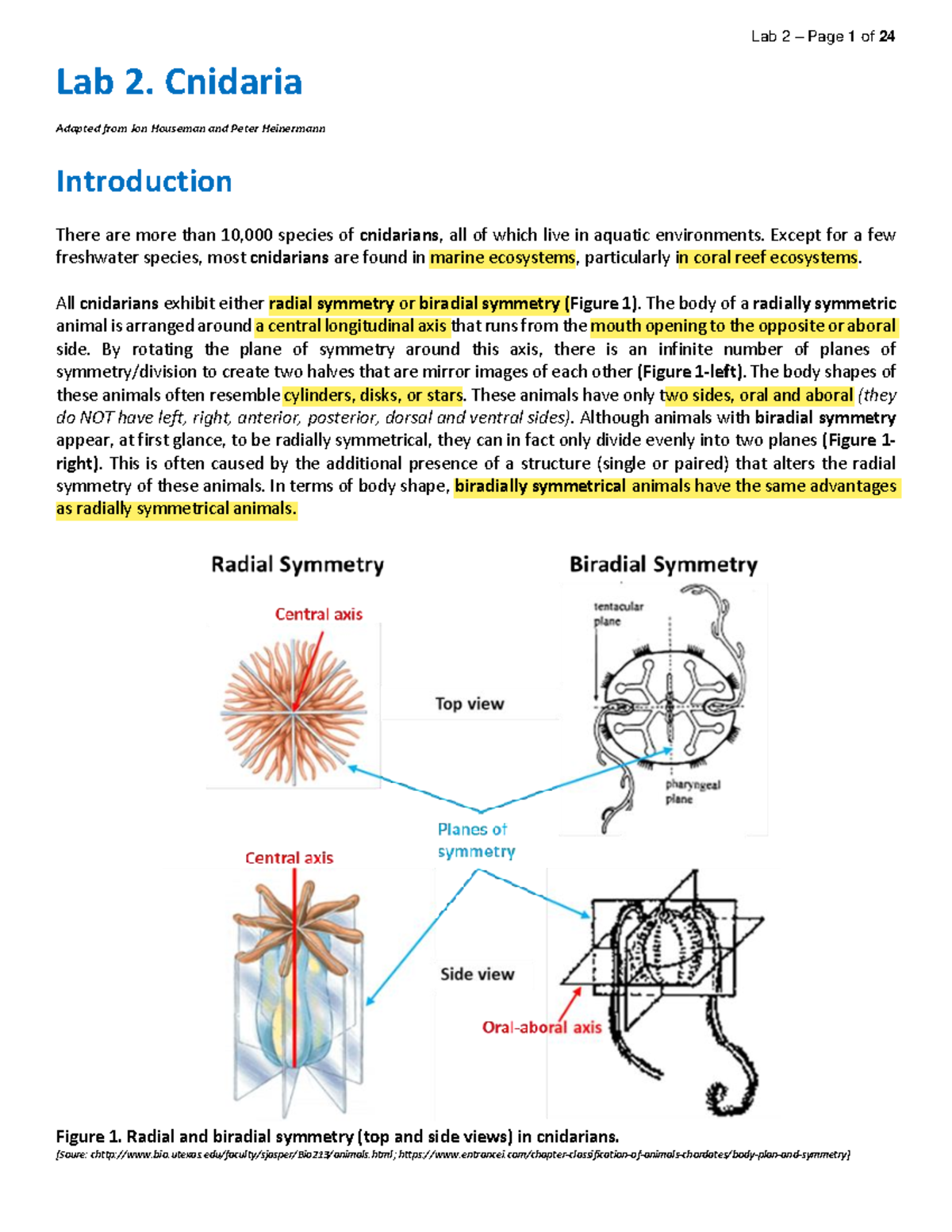 Lab 2-Cnidaria-2023 - NOTES - Lab 2. Cnidaria Adapted from Jon Houseman ...
