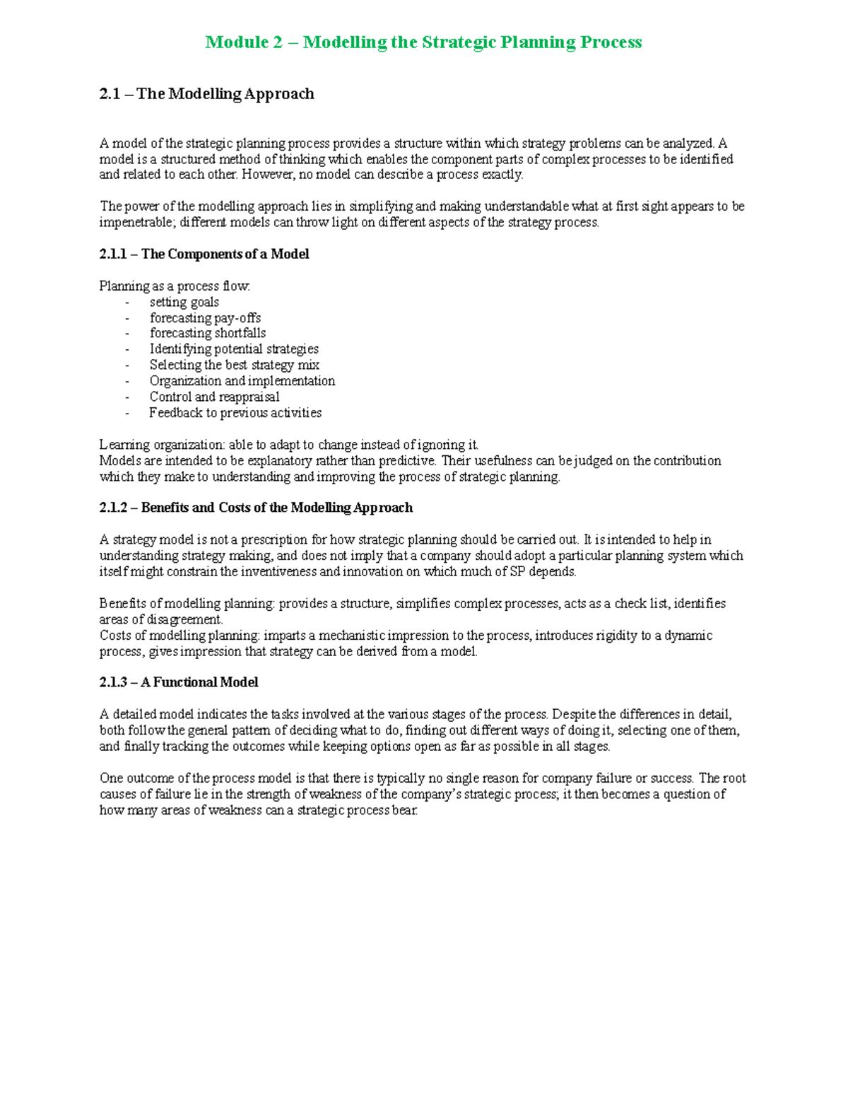Ch2 Modelling the Strategic Planning Process - A model is a structured ...