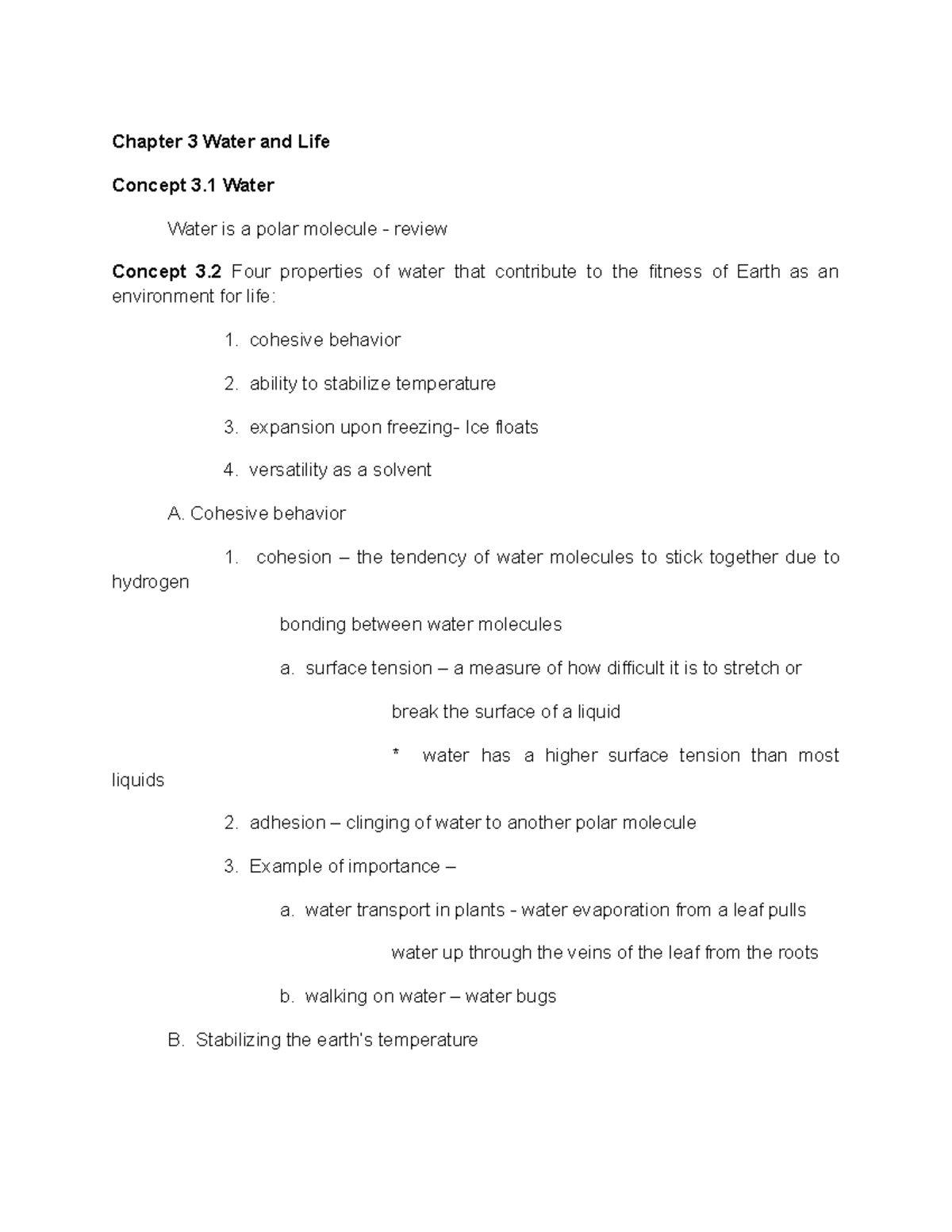 Bio Chapter 3 - Chapter 3 Water and Life Concept 3 Water Water is a ...