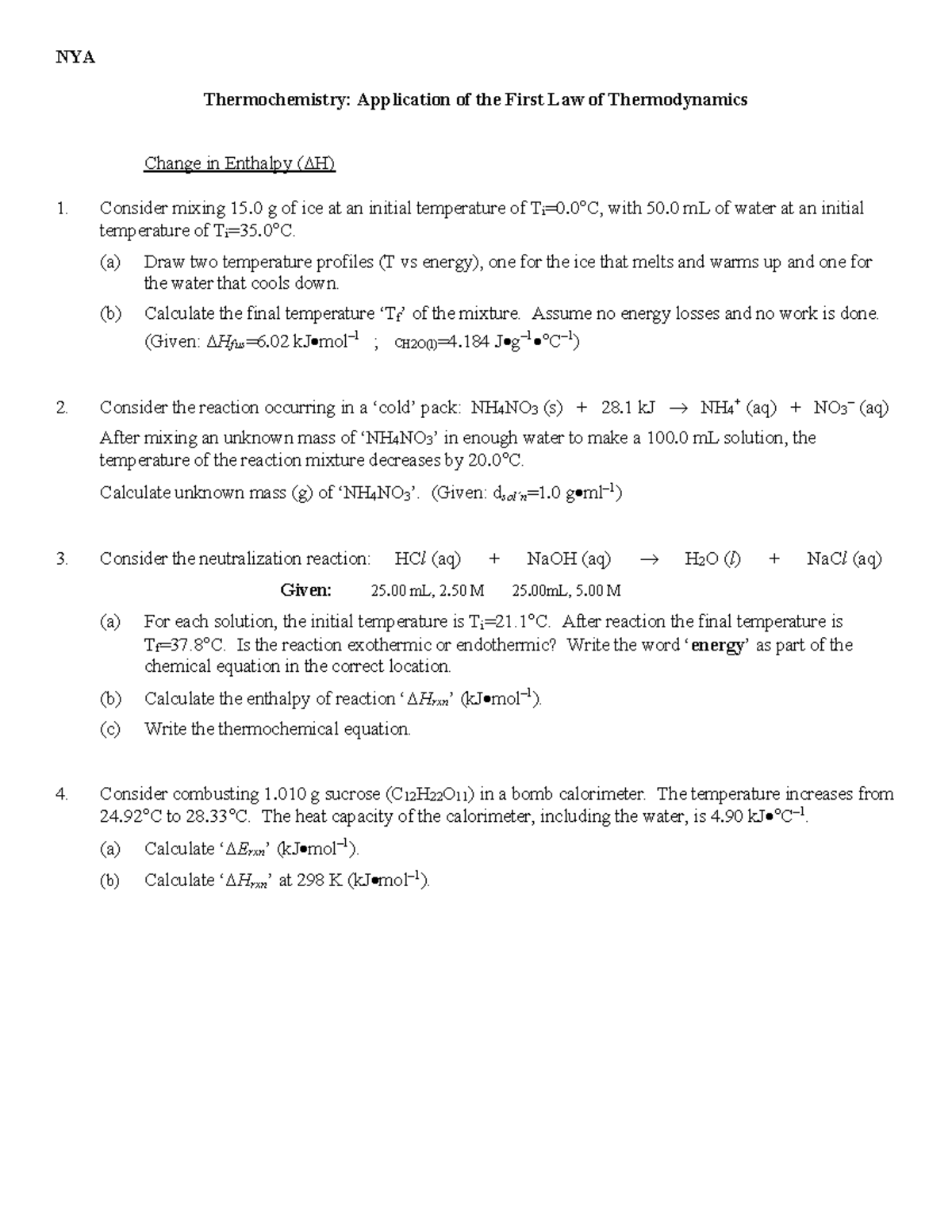 NYA 20B Thermochemistry Calorimetry and Enthalpy Change - NYA ...