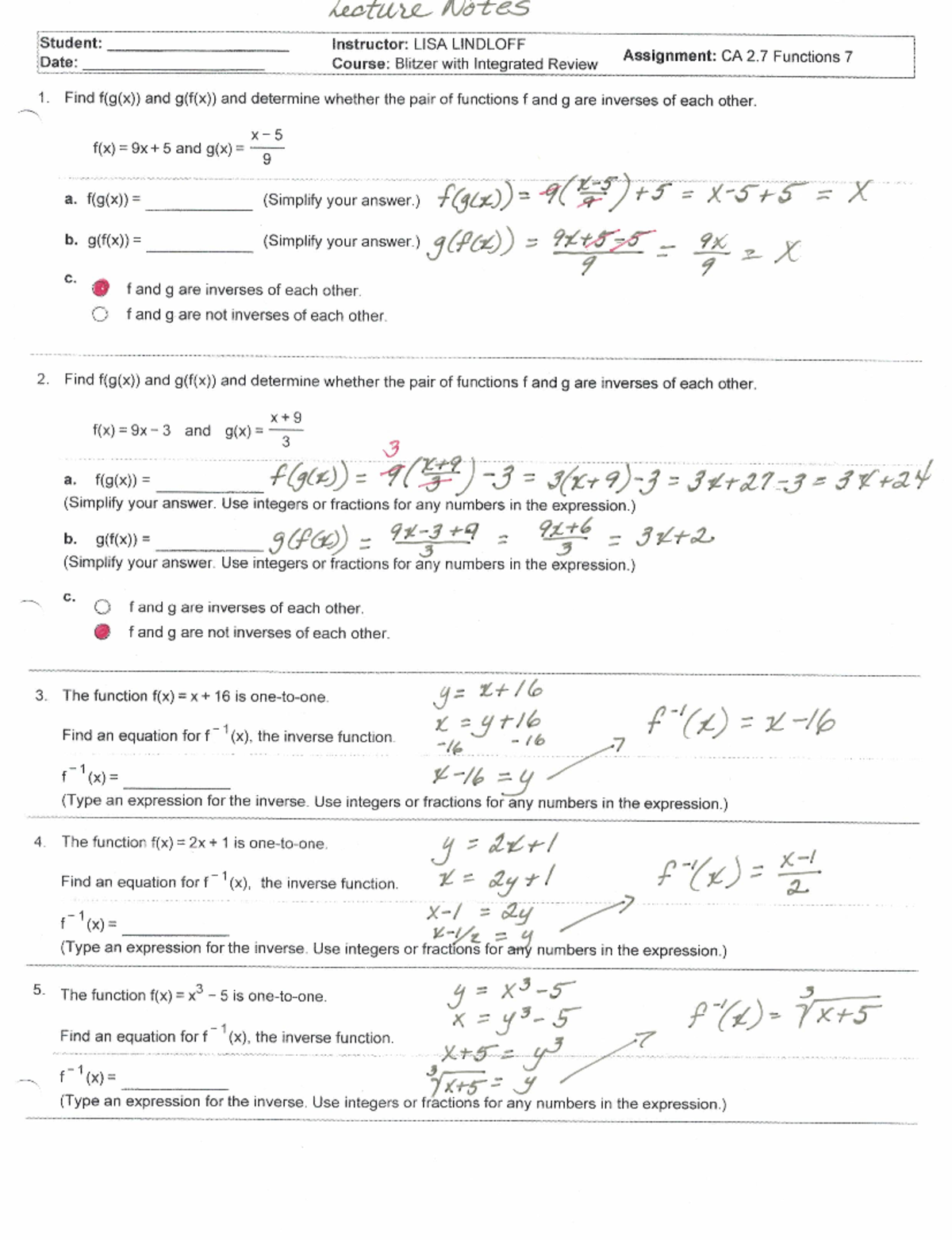 CA 2.7 Functions - Notes on how to do the problems along with example ...