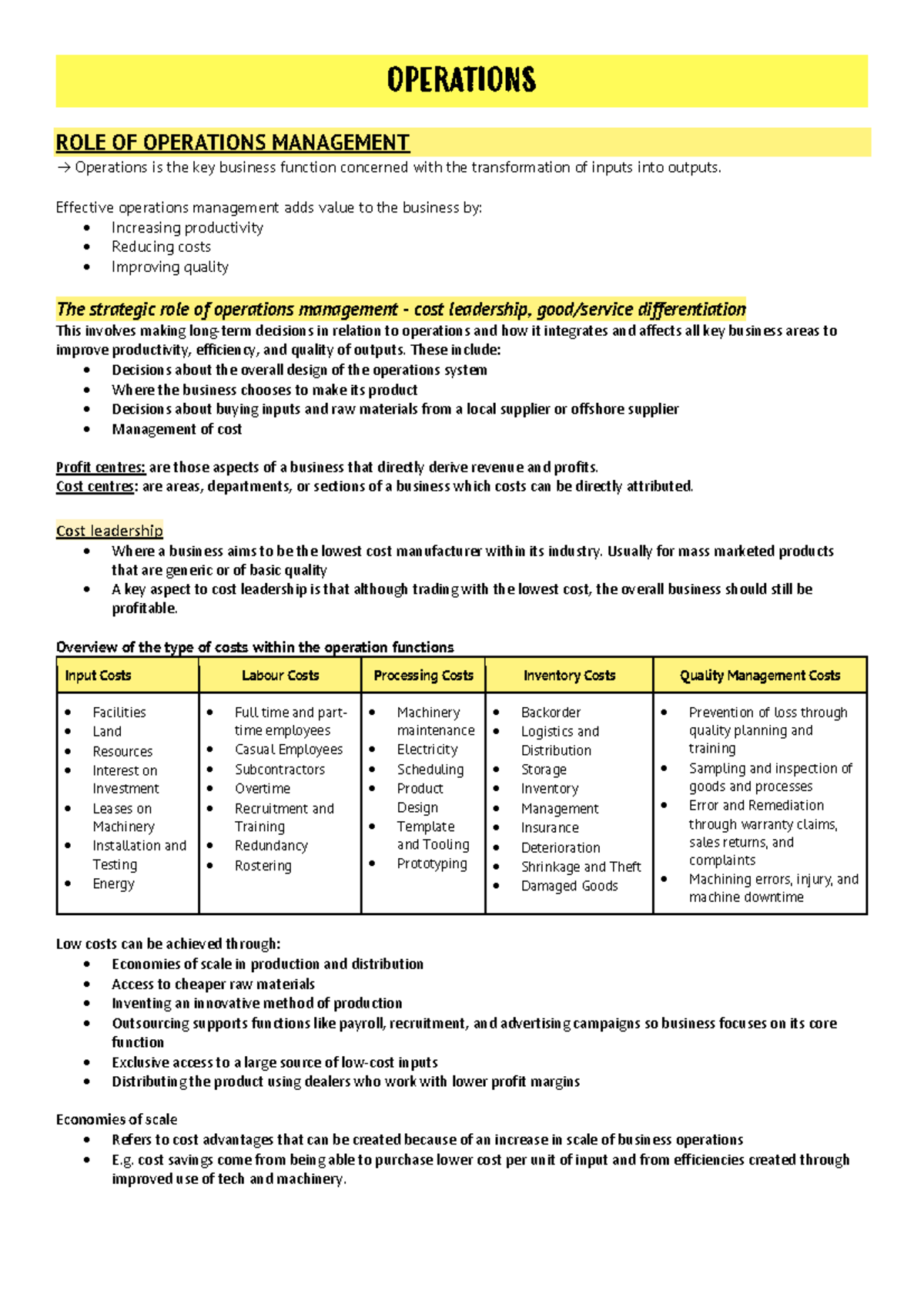 Operations HSC Notes - OPERATIONS ROLE OF OPERATIONS MANAGEMENT à ...