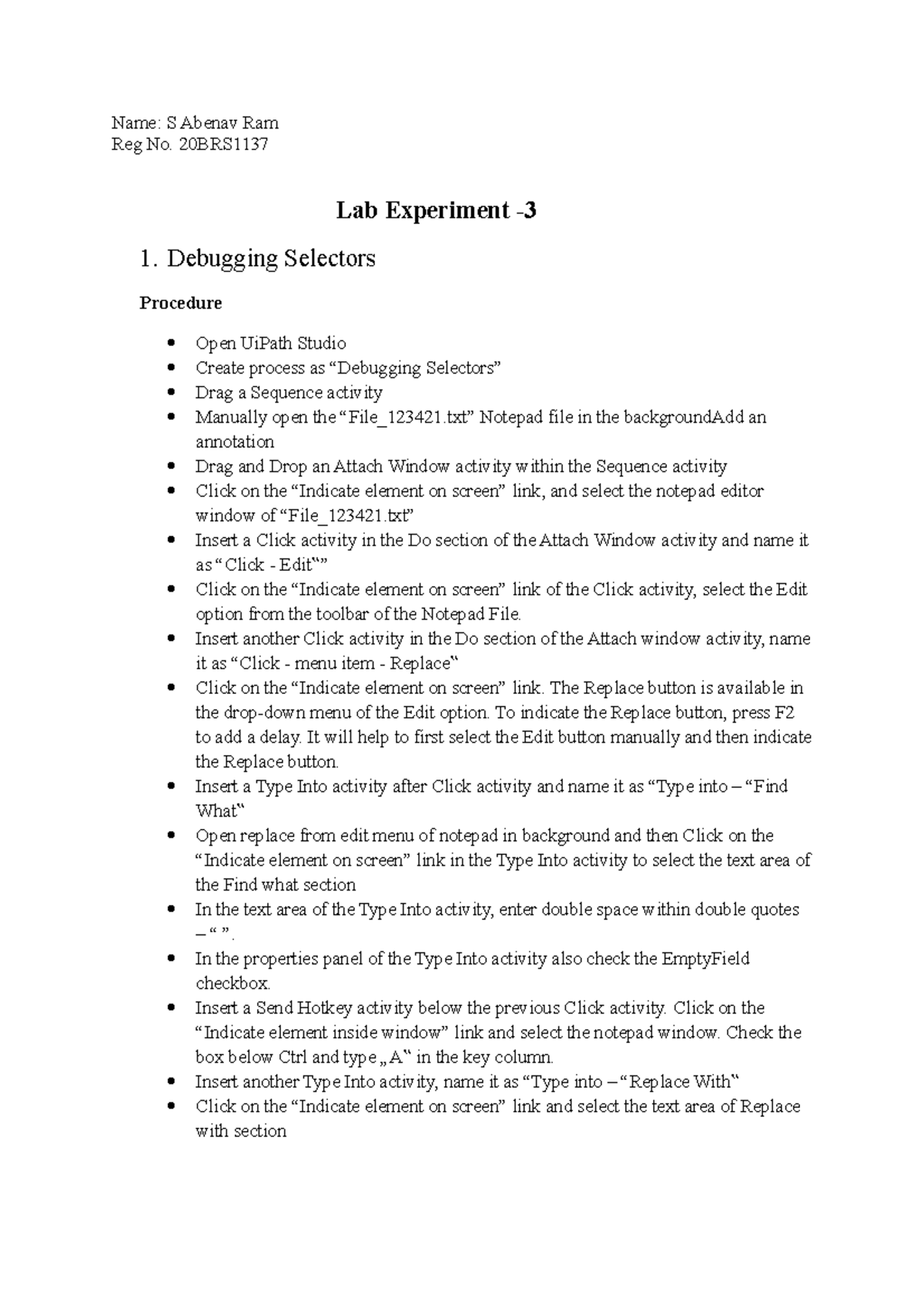 RPA Lab Assignment 3 - Notes - Name: S Abenav Ram Reg No. 20BRS Lab ...