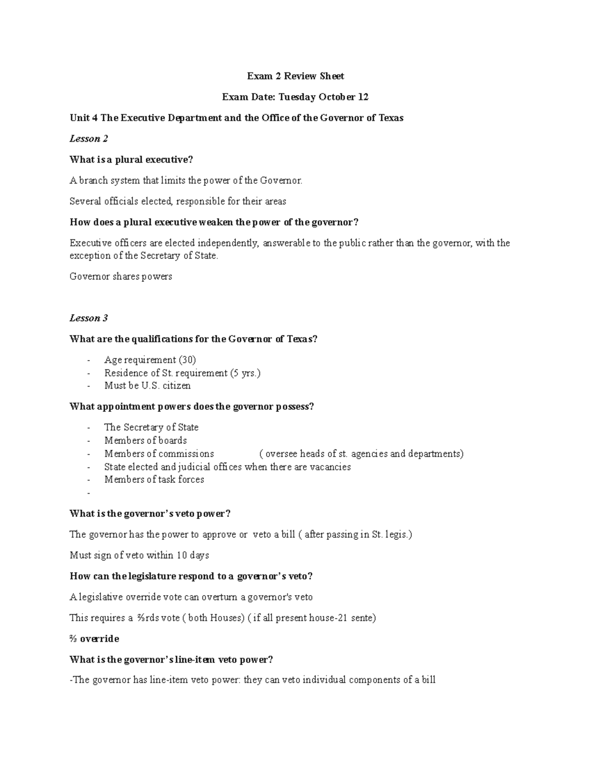 TX. Gov. Exam 2 review - Exam 2 Review Sheet Exam Date: Tuesday October ...