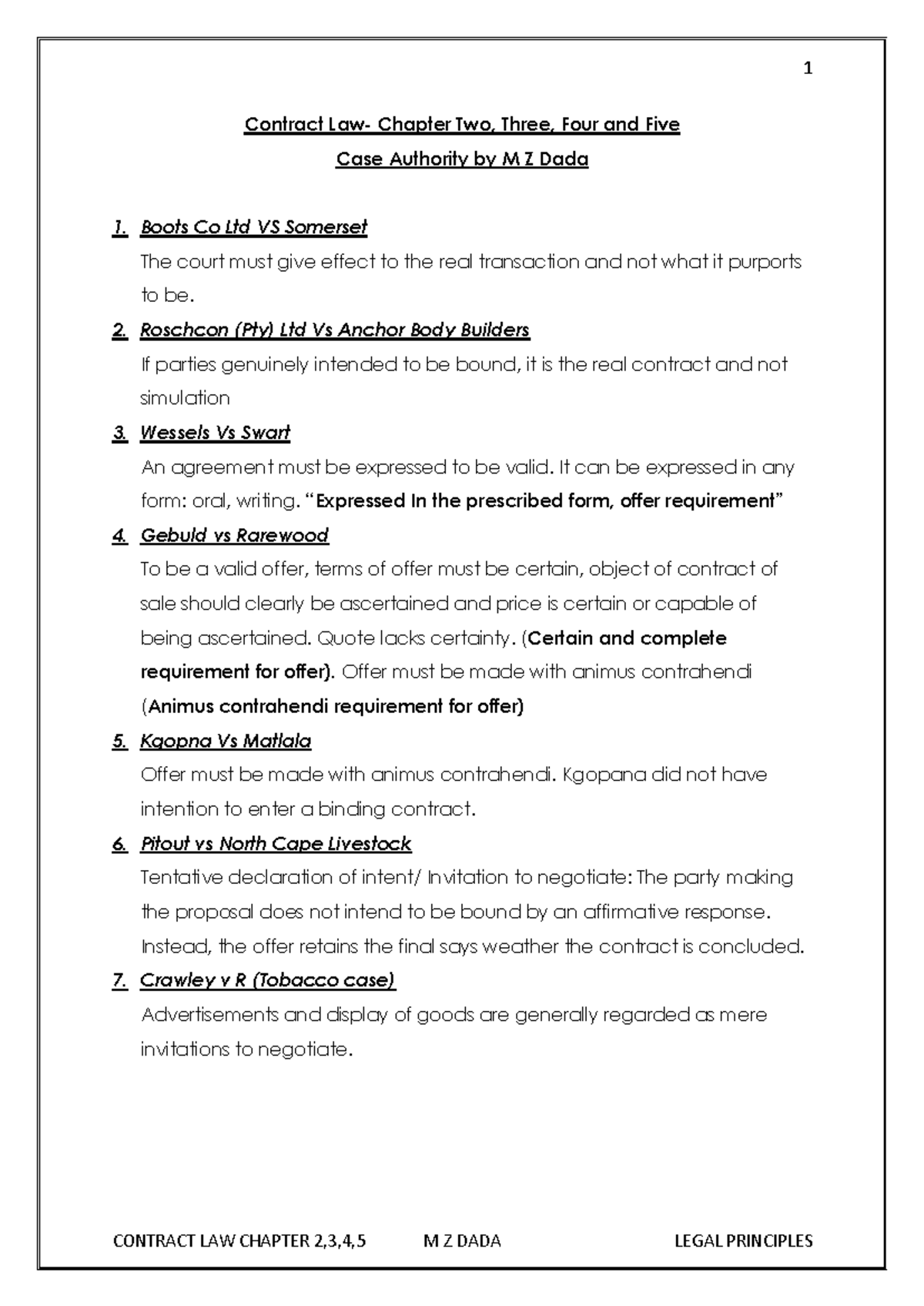 Contract Law Case Authority - Contract Law- Chapter Two, Three, Four ...