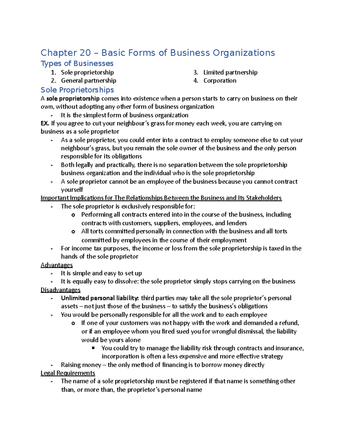 LAW 122 Final Exam - Law prep notes - Chapter 20 – Basic Forms of ...