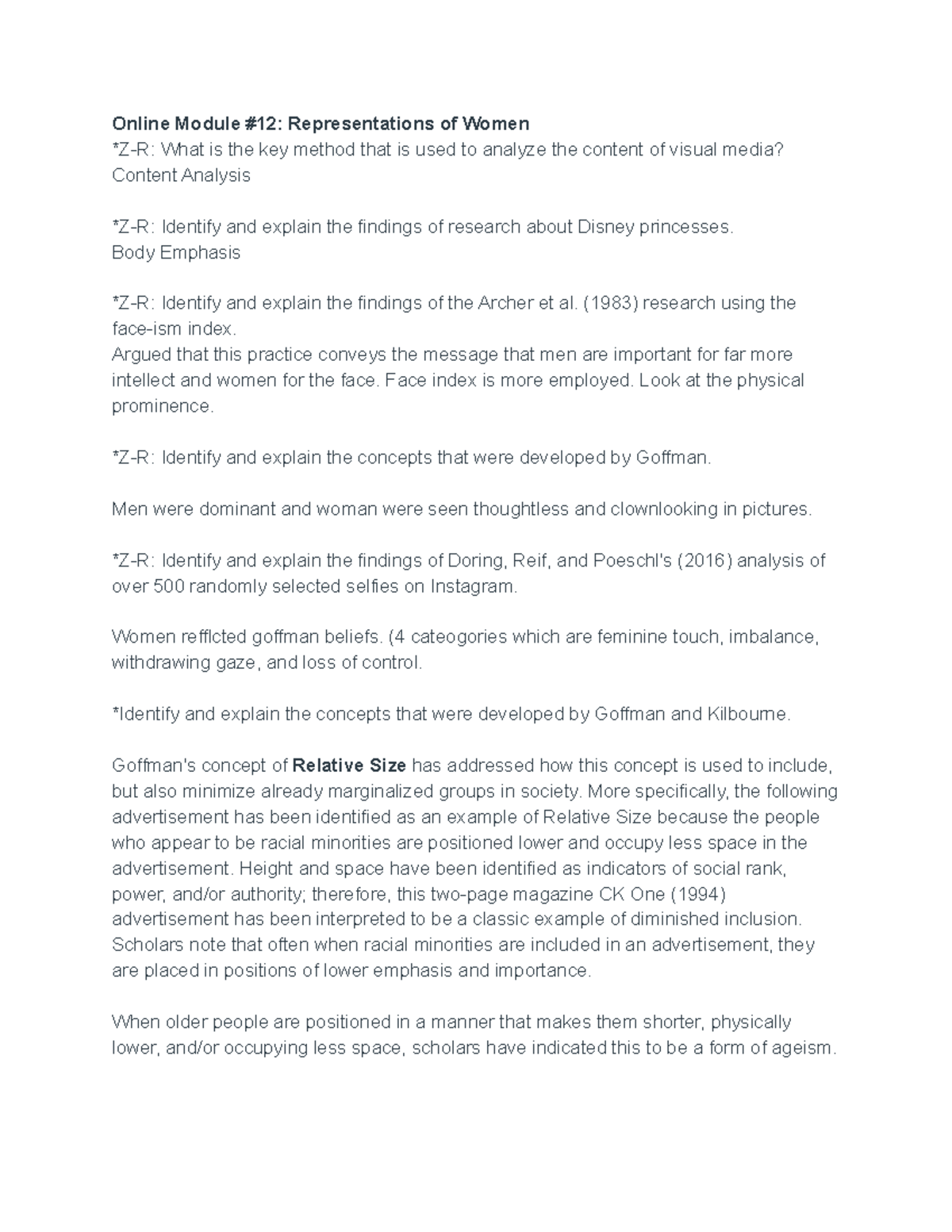 Segment #4 Info - Online Module #12: Representations of Women *Z-R: What is the key method that ...