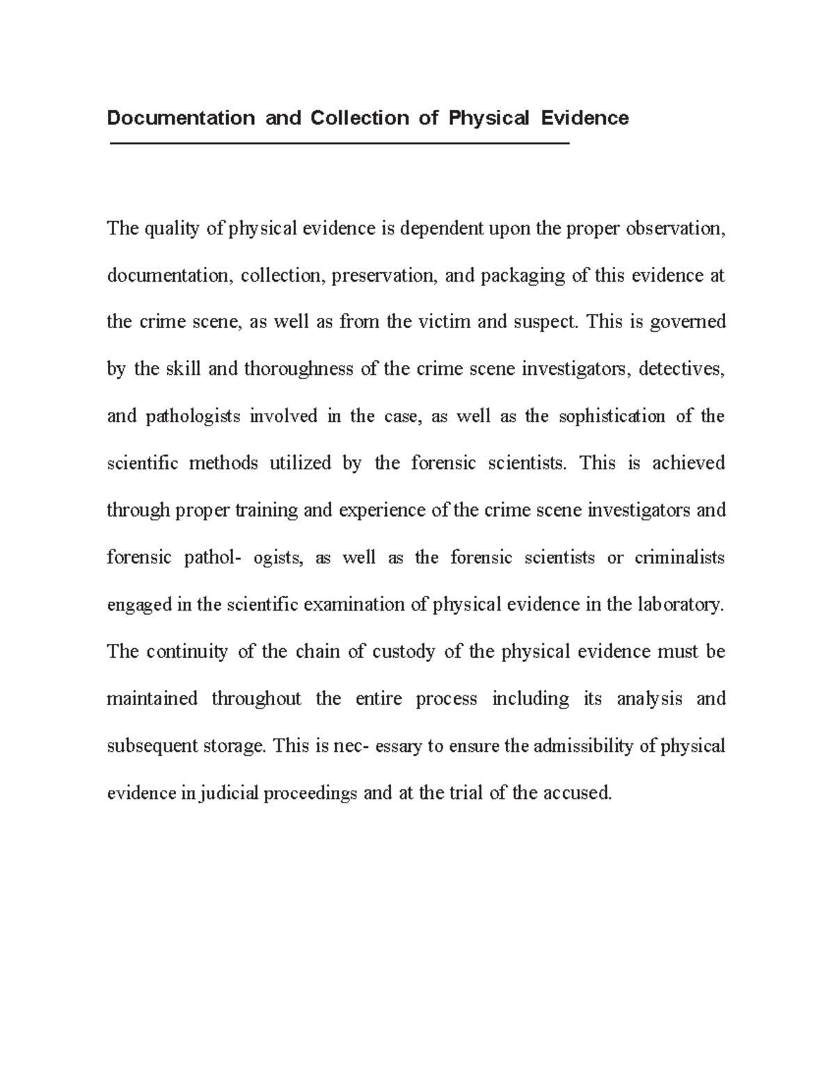 The Documentation and Collection of Physical Evidence - Documentation ...