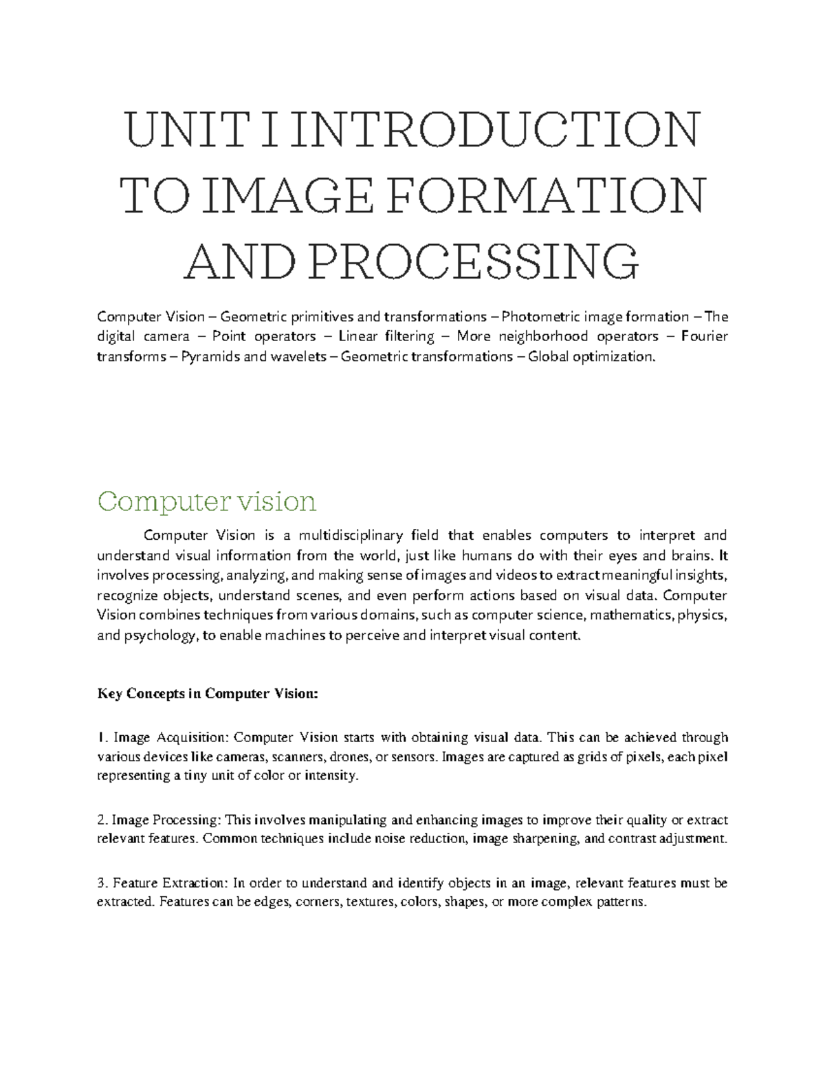 UNIT I Introduction TO Image Formation AND Processing - UNIT I INTRODUCTION TO IMAGE FORMATION ...