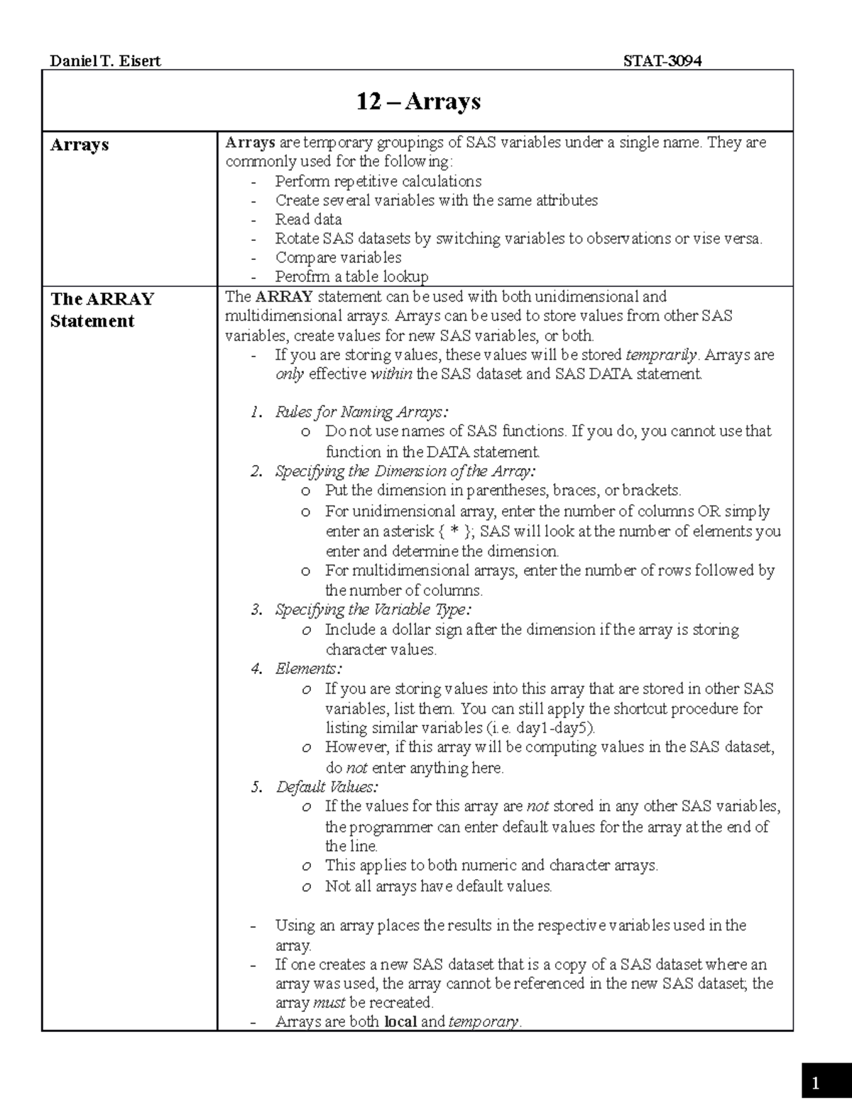 STAT-3094 - Lecture 12 - Arrays - 1 Daniel T. Eisert STAT- 12 – Arrays ...