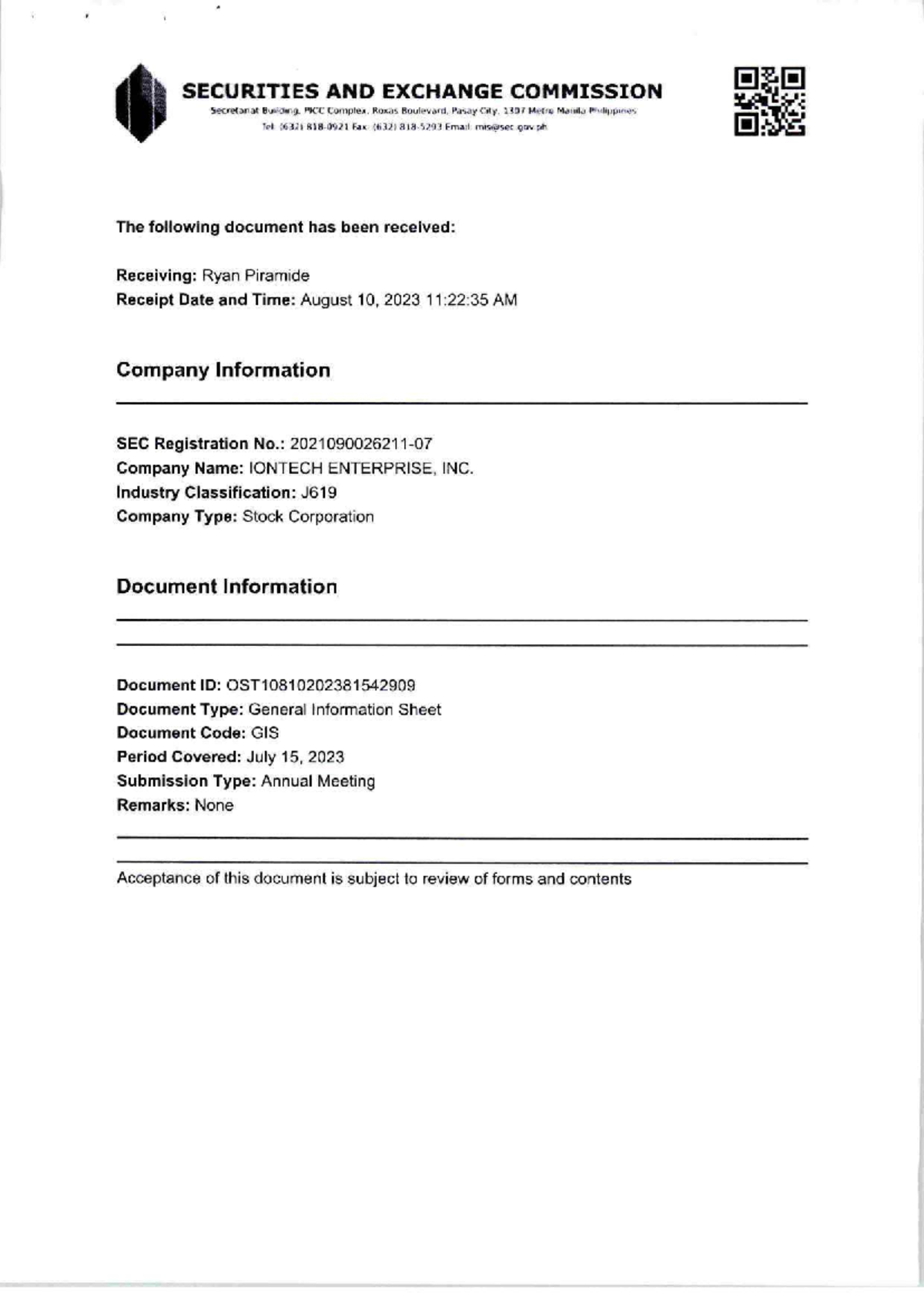 GIS (2023) - GIS SAMPLE - SECURITIES AND EXCHANGE COMMISSION ...