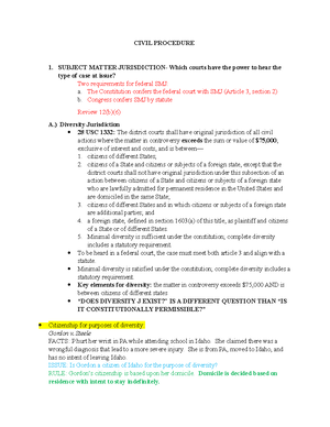 Civ Pro Class Notes - Civil Procedure Class Notes: 8- A. Overview of ...