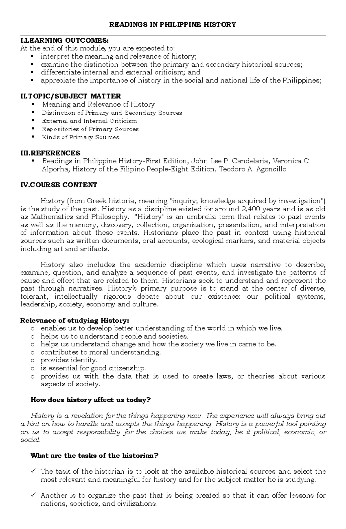 PHIL History Meaning and Relevance of History - READINGS IN PHILIPPINE ...