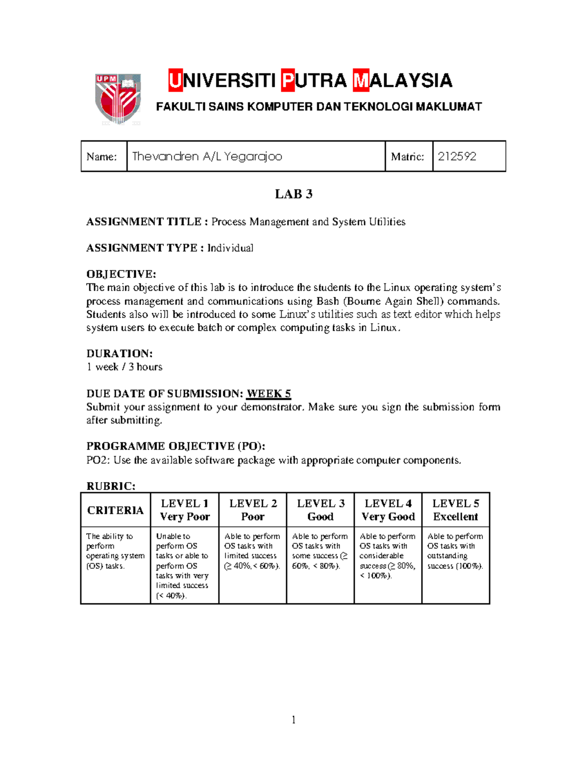 LAB 3_operating system - UNIVERSITI PUTRA MALAYSIA FAKULTI SAINS KOMPUTER DAN TEKNOLOGI MAKLUMAT ...
