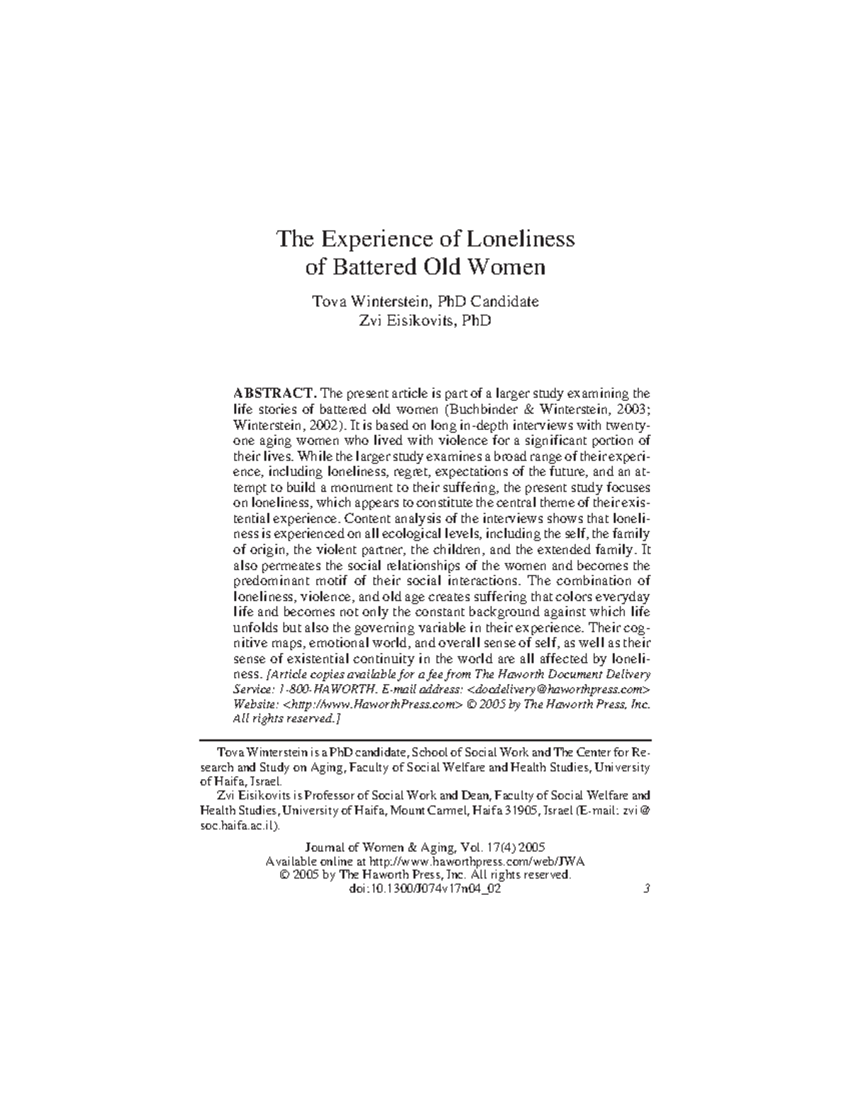 Winterstein dimension of suffering - The Experience of Loneliness of ...