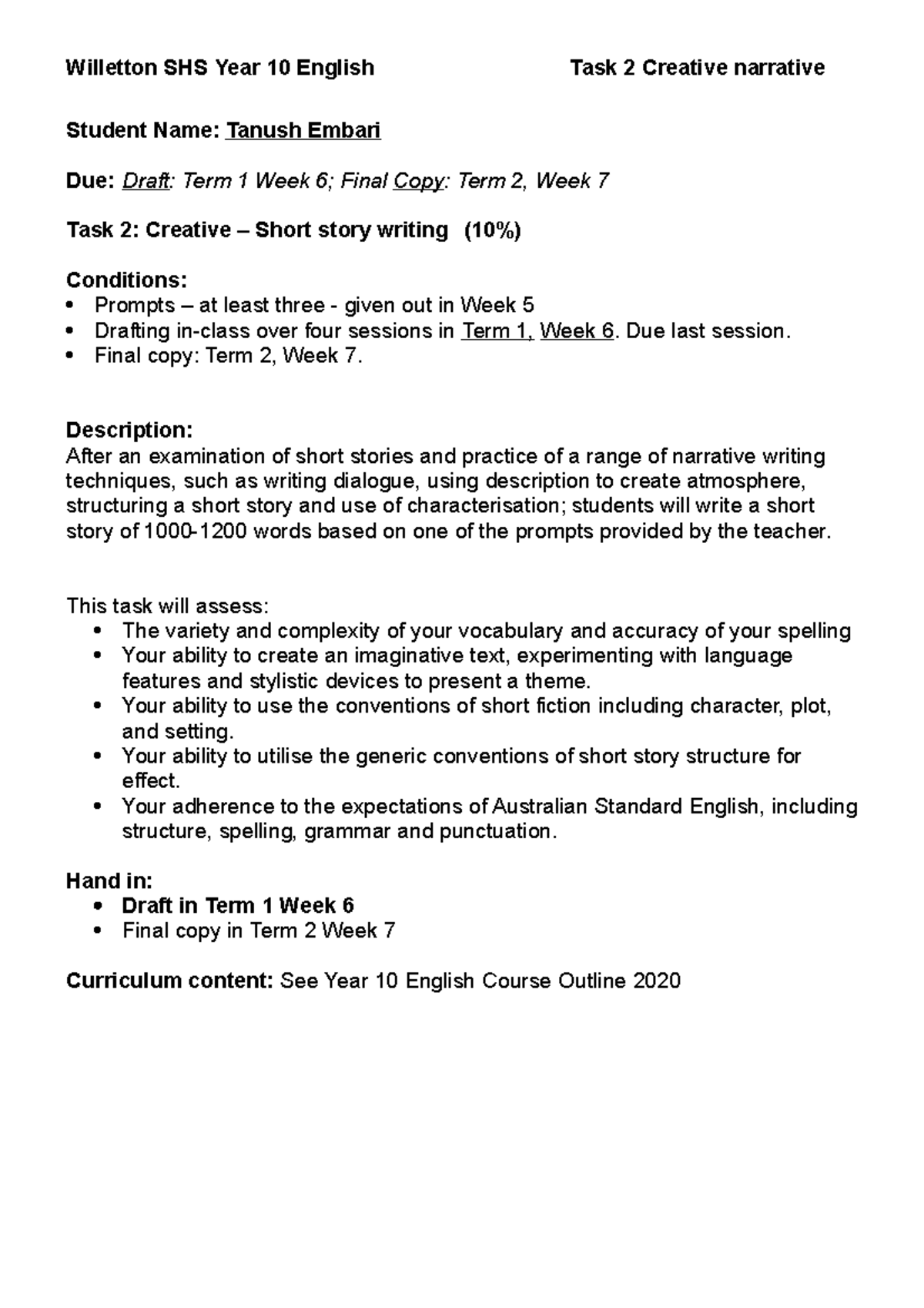 Task 2 Short stories AP - Practice Materials/Assignments - Willetton SHS Year 10 English Task 2 ...