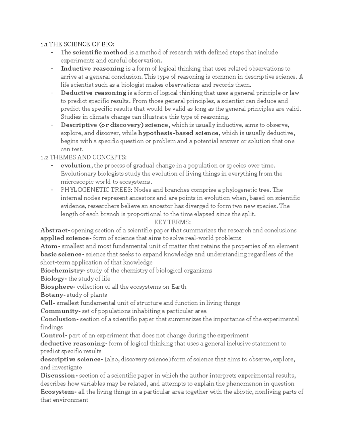 CH. 1 notes - overview of evolution - 1 THE SCIENCE OF BIO: The ...