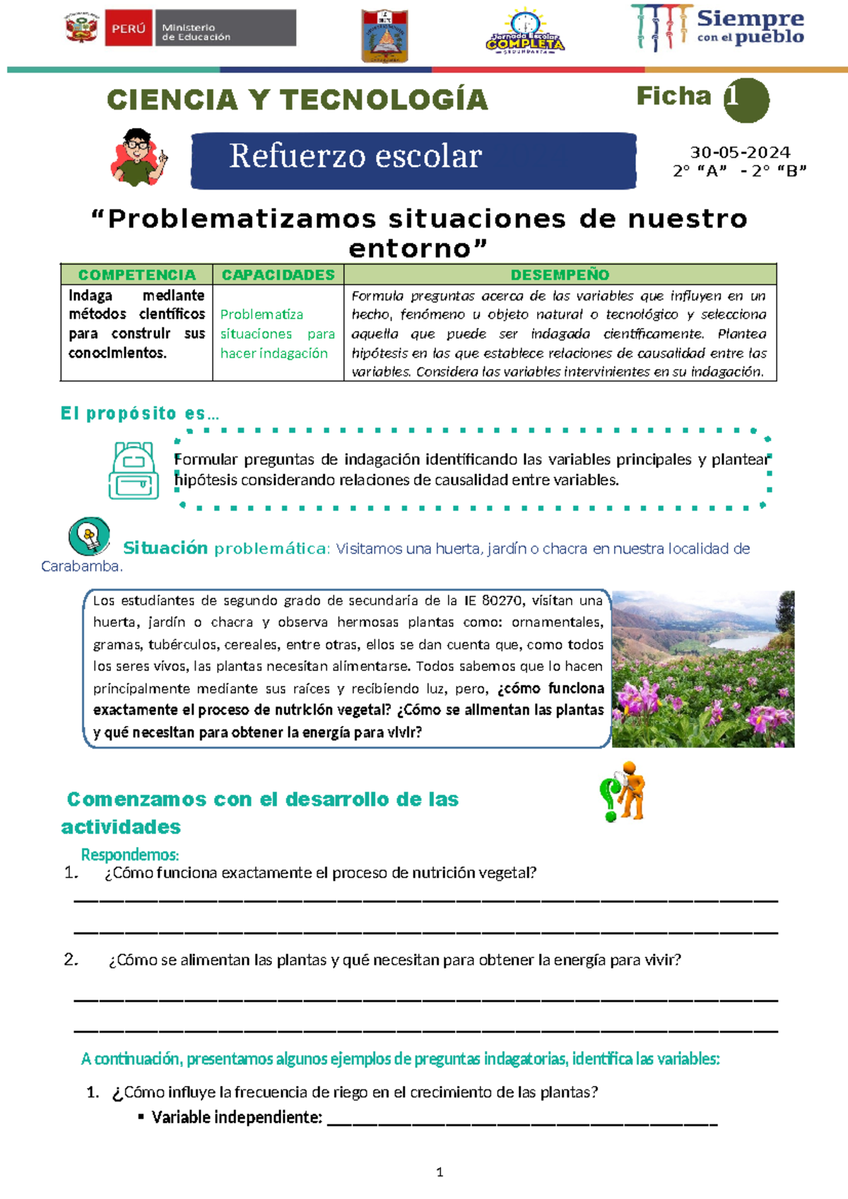 Ficha DE Reforzamiento 1 - Refuerzo escolar 2024 CIENCIA Y TECNOLOGÍA Ficha “Problematizamos ...
