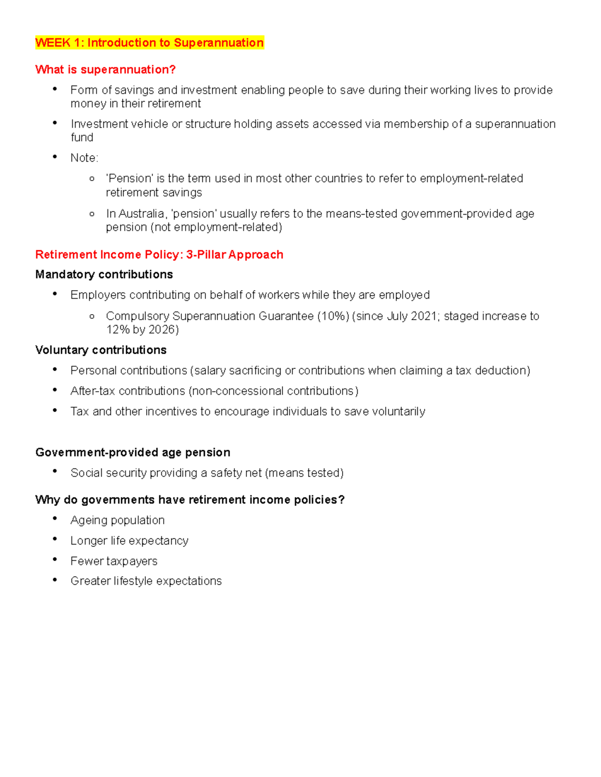 Mid sem summary - WEEK 1: Introduction to Superannuation What is ...
