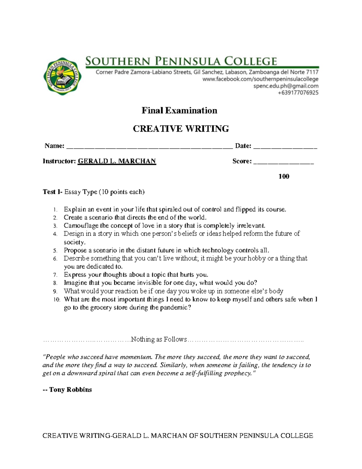 Marchan Final EXAM - EXAM - CREATIVE WRITING-GERALD L. MARCHAN OF ...