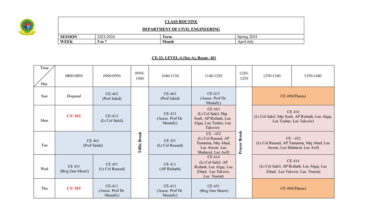 CE Routine Final Spring 2024 - CLASS ROUTINE DEPARTMENT OF CIVIL ...