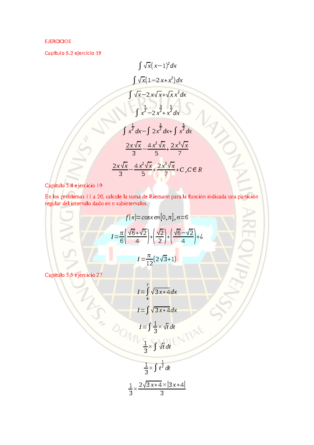 Integrales - EJERCICIOS Capítulo 5 ejercicio 19 ∫ √ x (x− 1 ) 2 dx ∫ √ x ( 1 − 2 x + x 2 ) dx ∫ ...