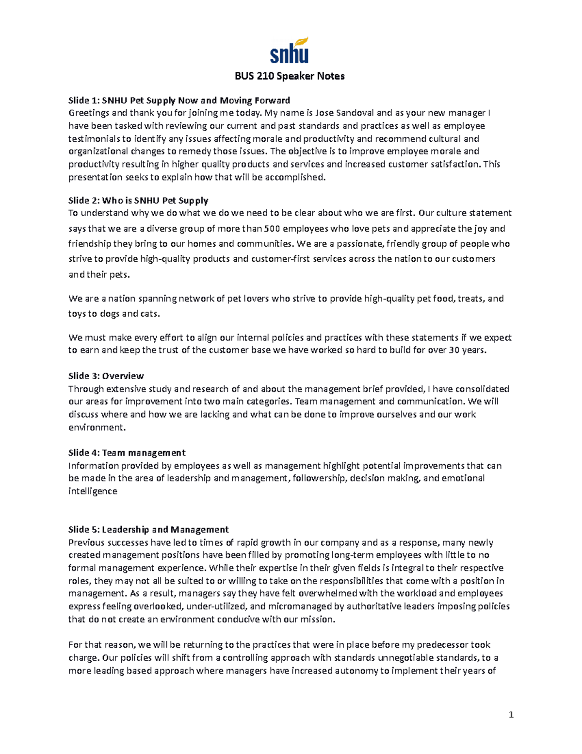 BUS210 PROJECT 1 Speaker notes - BUS 210 Speaker Notes Slide 1: SNHU ...