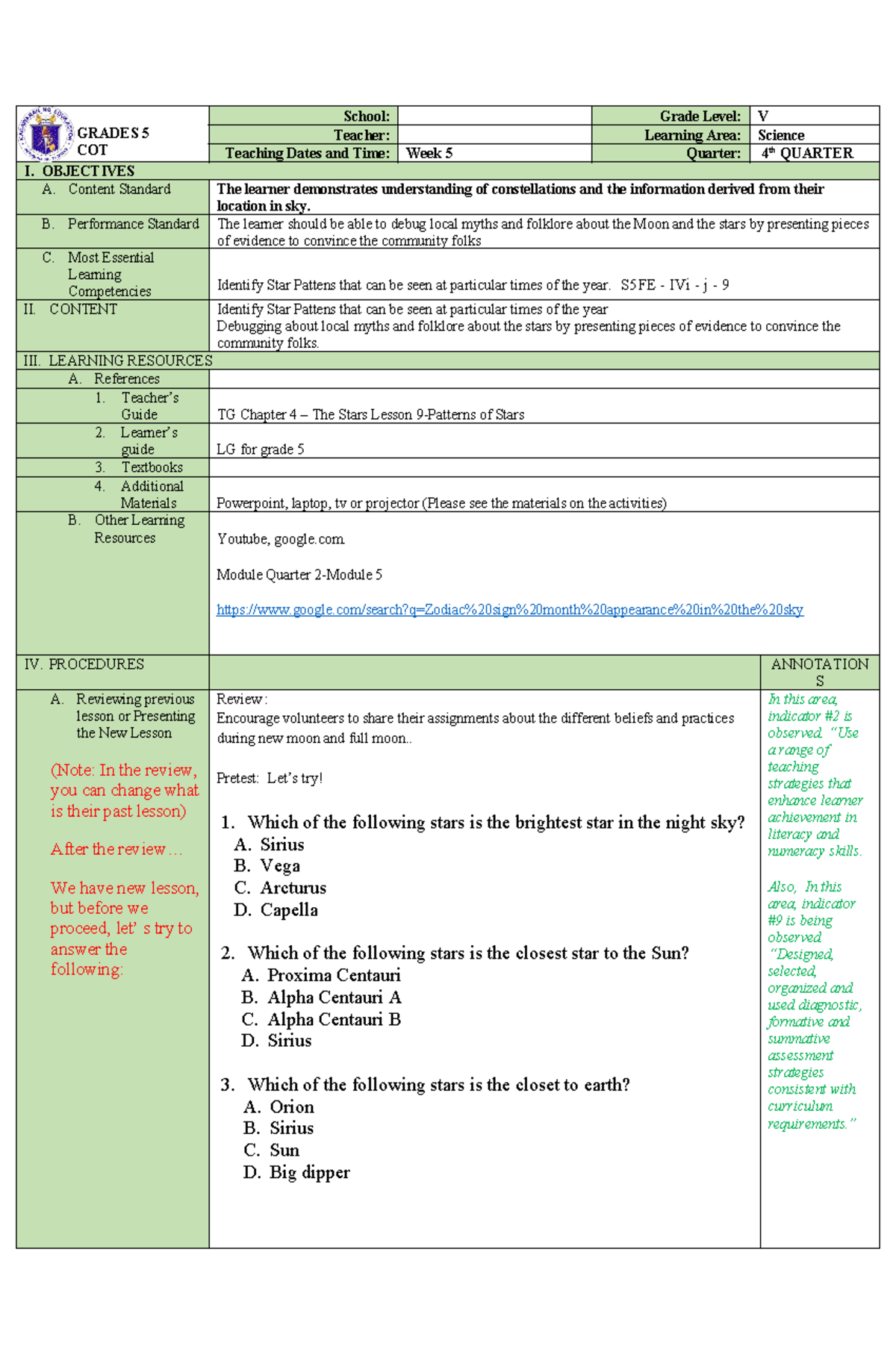 Ilide - GRADES 5 COT School: Grade Level: V Teacher: Learning Area ...