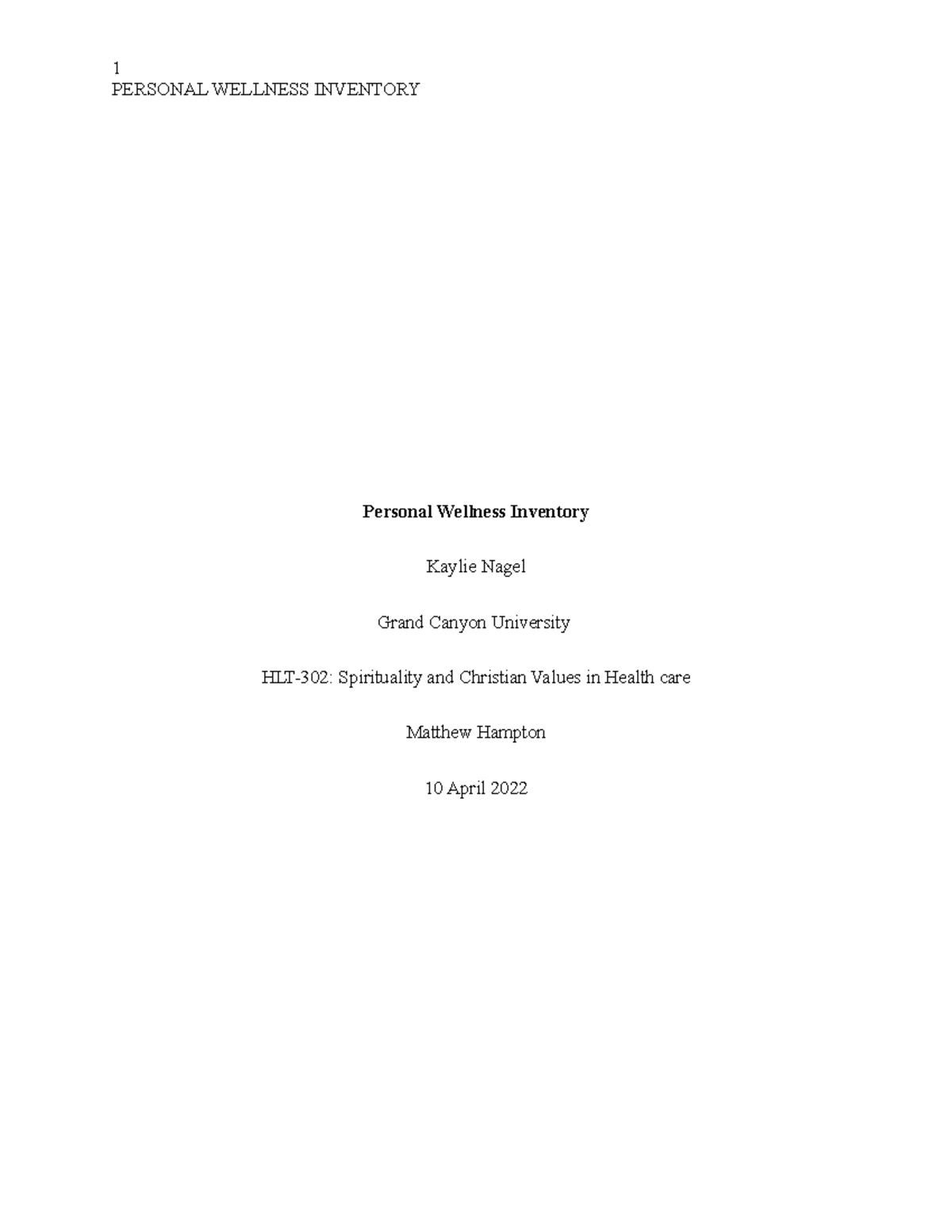 Template for Personal Wellness Inventory - PERSONAL WELLNESS INVENTORY ...