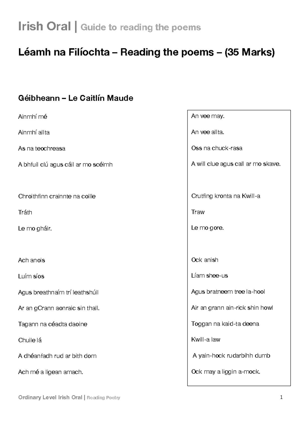 Microsoft Word - Irish Oral Notes and Tips Poetry - Irish Oral | Guide ...