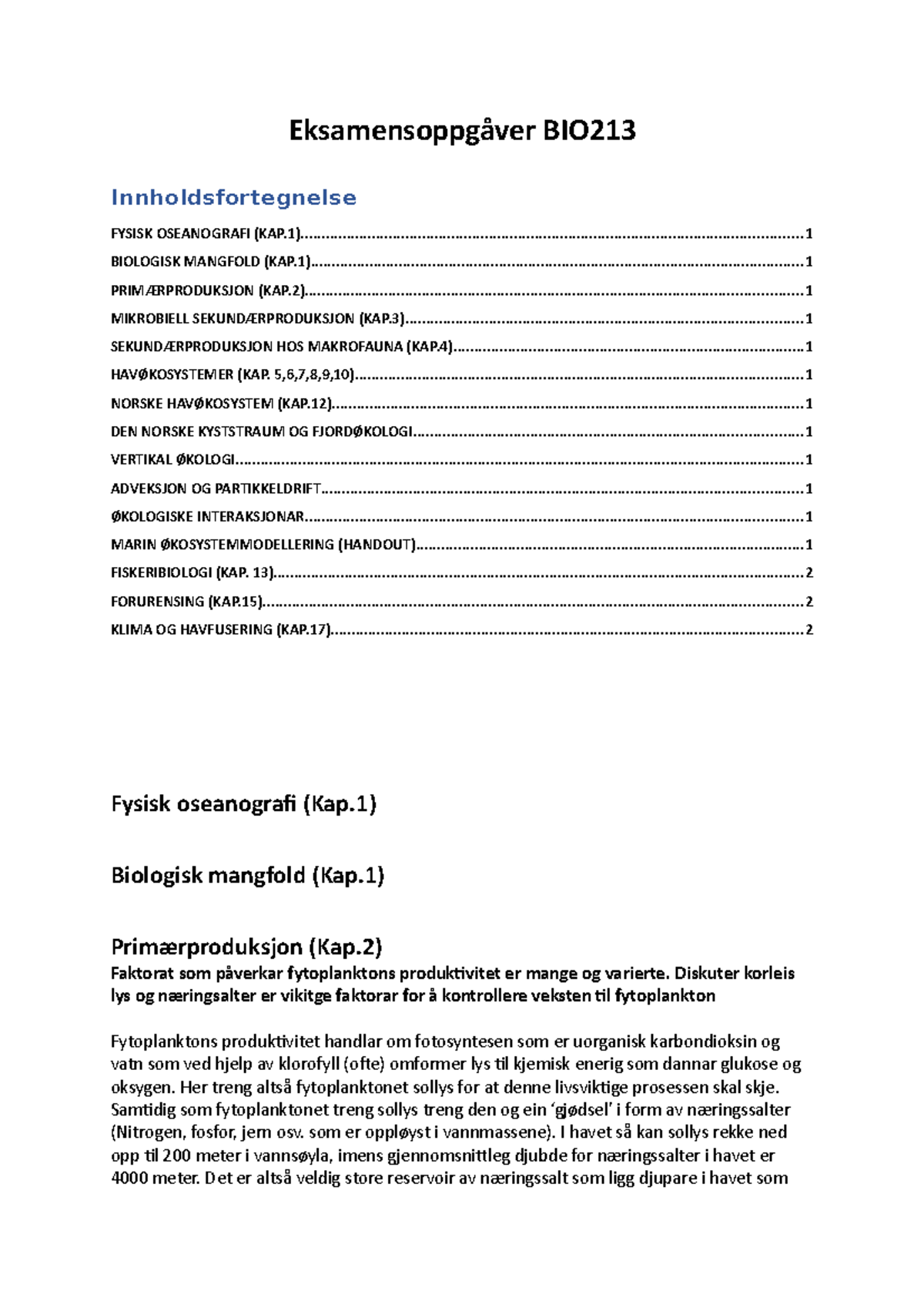 Eksamensoppåver 213 - Eksamenssett - Eksamensoppgåver BIO Innholdsfortegnelse FYSISK OSEANOGRAFI ...