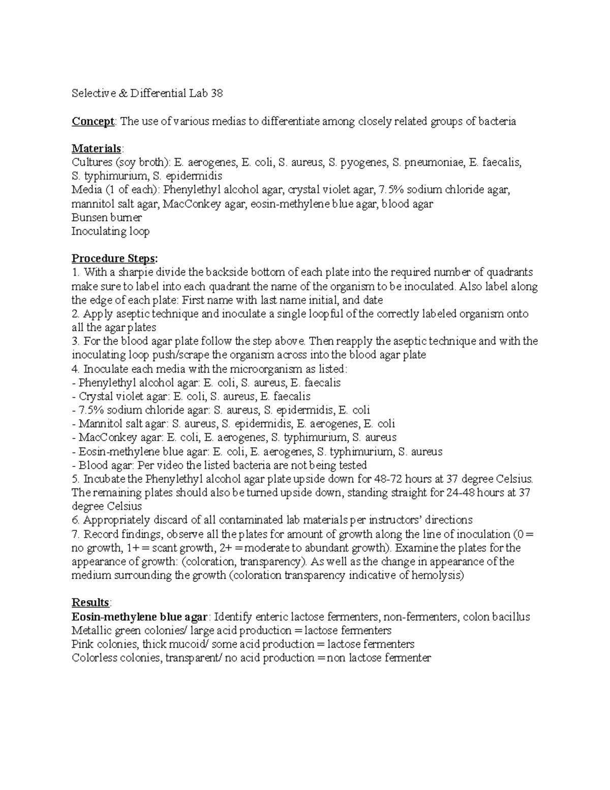 Lab 38 - Labs - Selective & Differential Lab 38 Concept: The use of ...