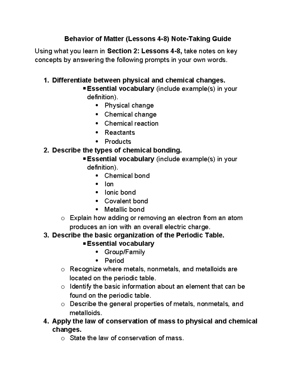 Section 2 Behavior of Matter (Lessons 4-8) - Behavior of Matter (Lessons 4-8) Note-Taking Guide ...