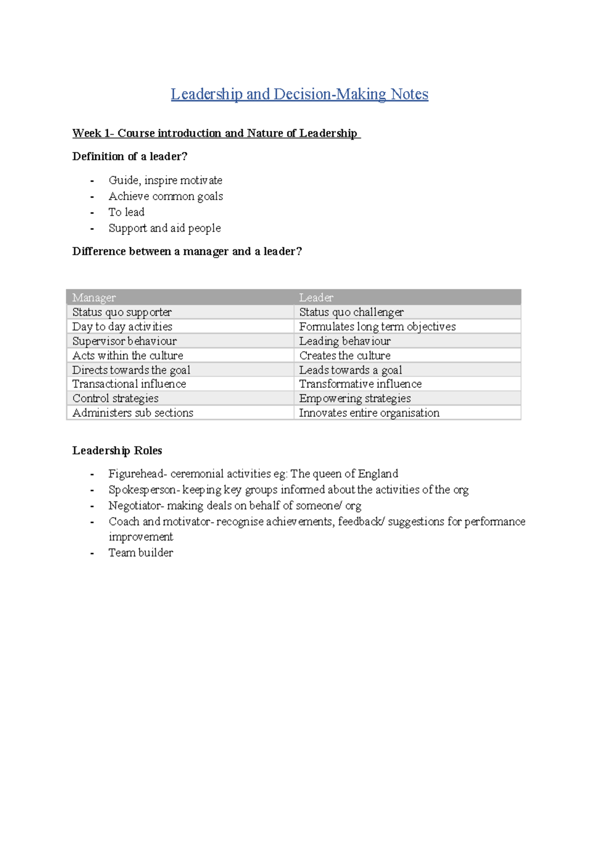 Leadership notes - Leadership and Decision-Making Notes Week 1- Course ...