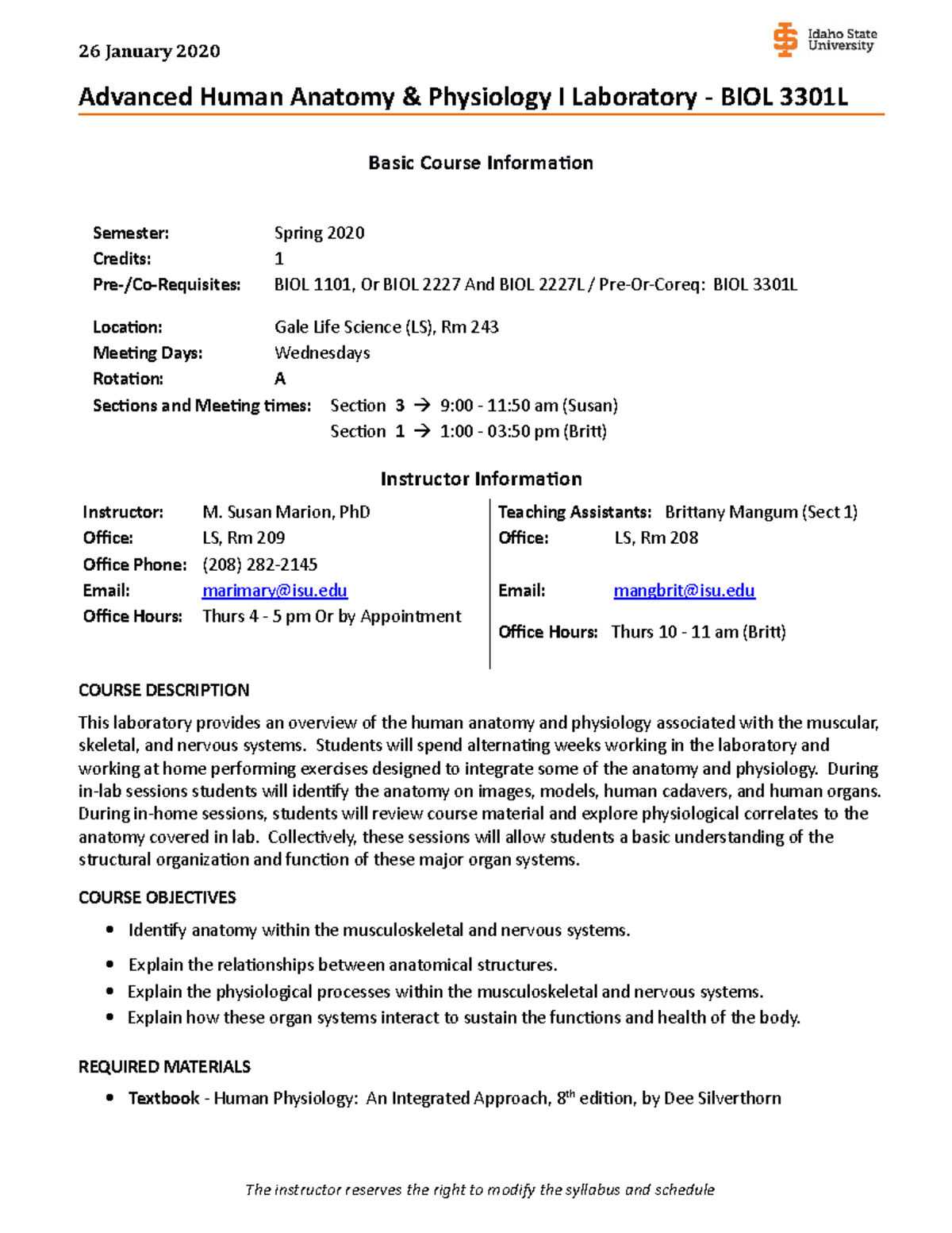 BIOL3301Lab Syllabus A Spring 2020 26Jan 2 - Advanced Human Anatomy ...