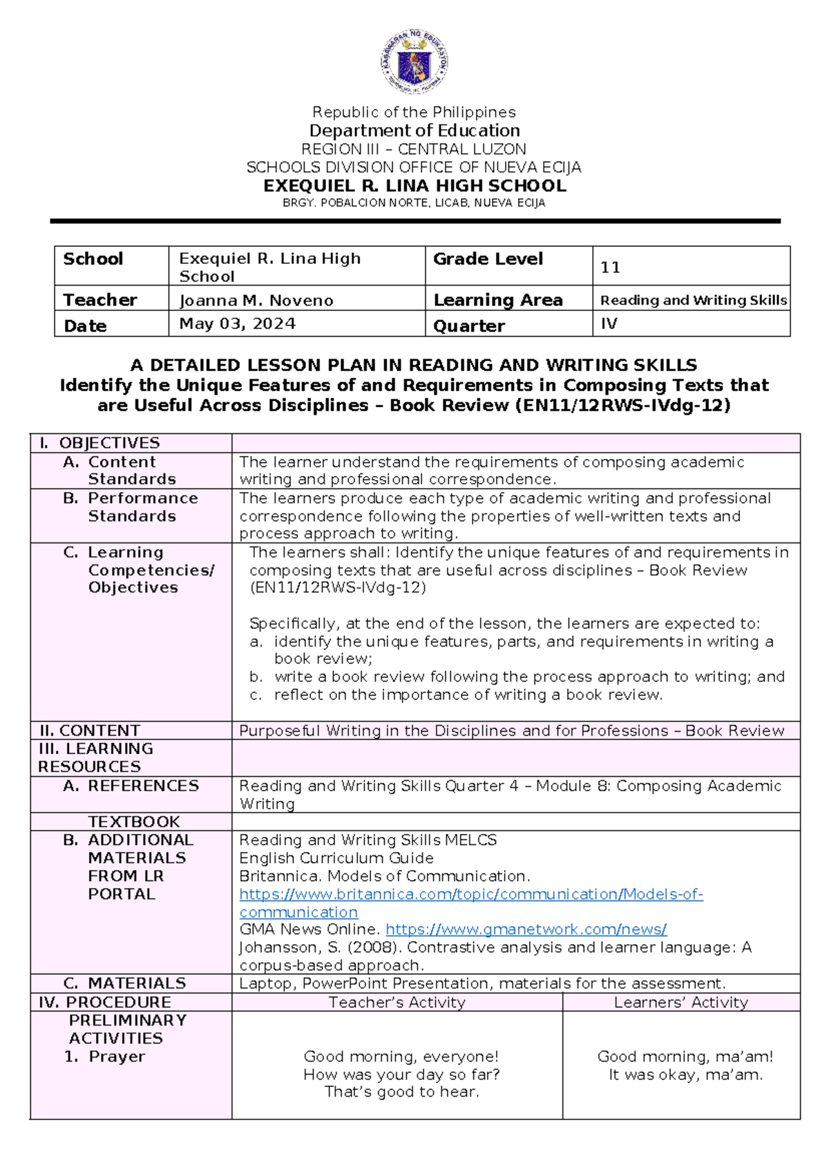 DLP - SHS RWS - Book Review - Republic of the Philippines Department of ...