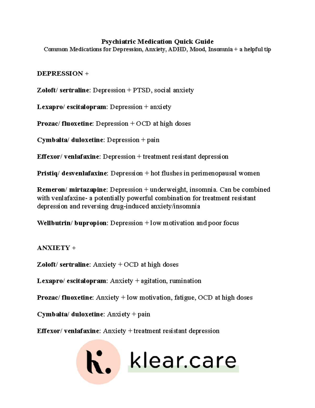 Psych Med Quick Guide - Psychiatric Medication Quick Guide Common ...