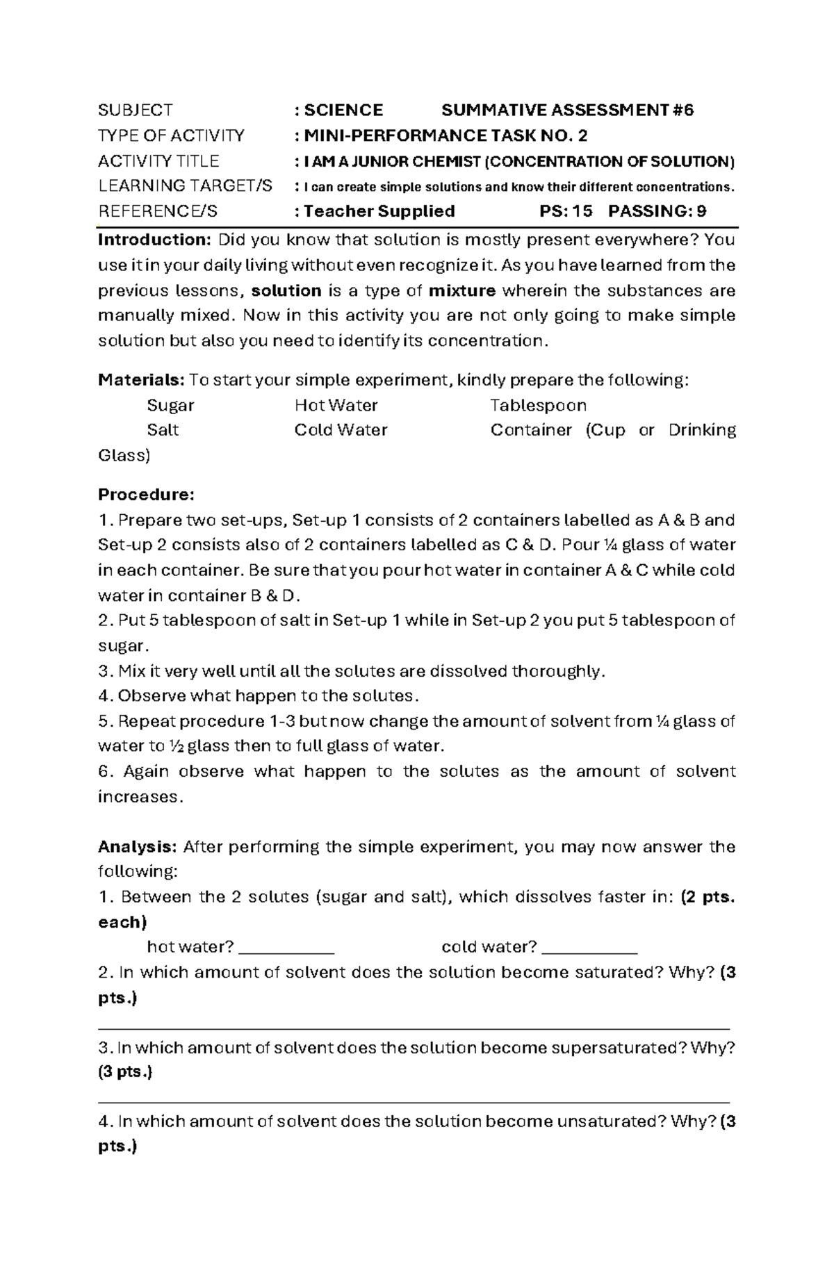 Classification of Matter - SUBJECT : SCIENCE SUMMATIVE ASSESSMENT # 6 ...